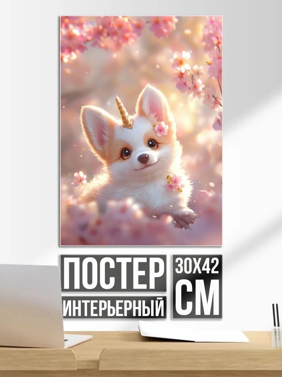 Постер на стену Корги - единорог весна