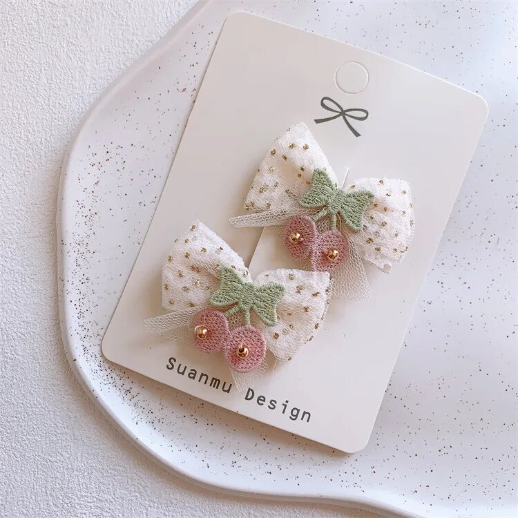 Розовые кружевные заколки для волос с бантом для девочек Белый, Cherry Bow - Hairpin