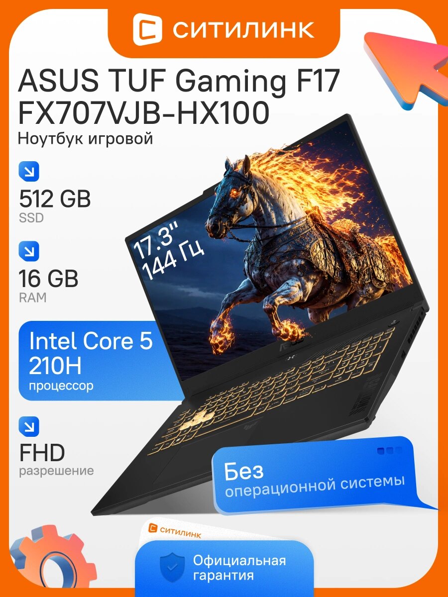 Ноутбук Asus 17.3" TUF Gaming FX707VJB-HX100 Core 5 210H/16Gb/SSD512Gb/6Gb/noOS/серый