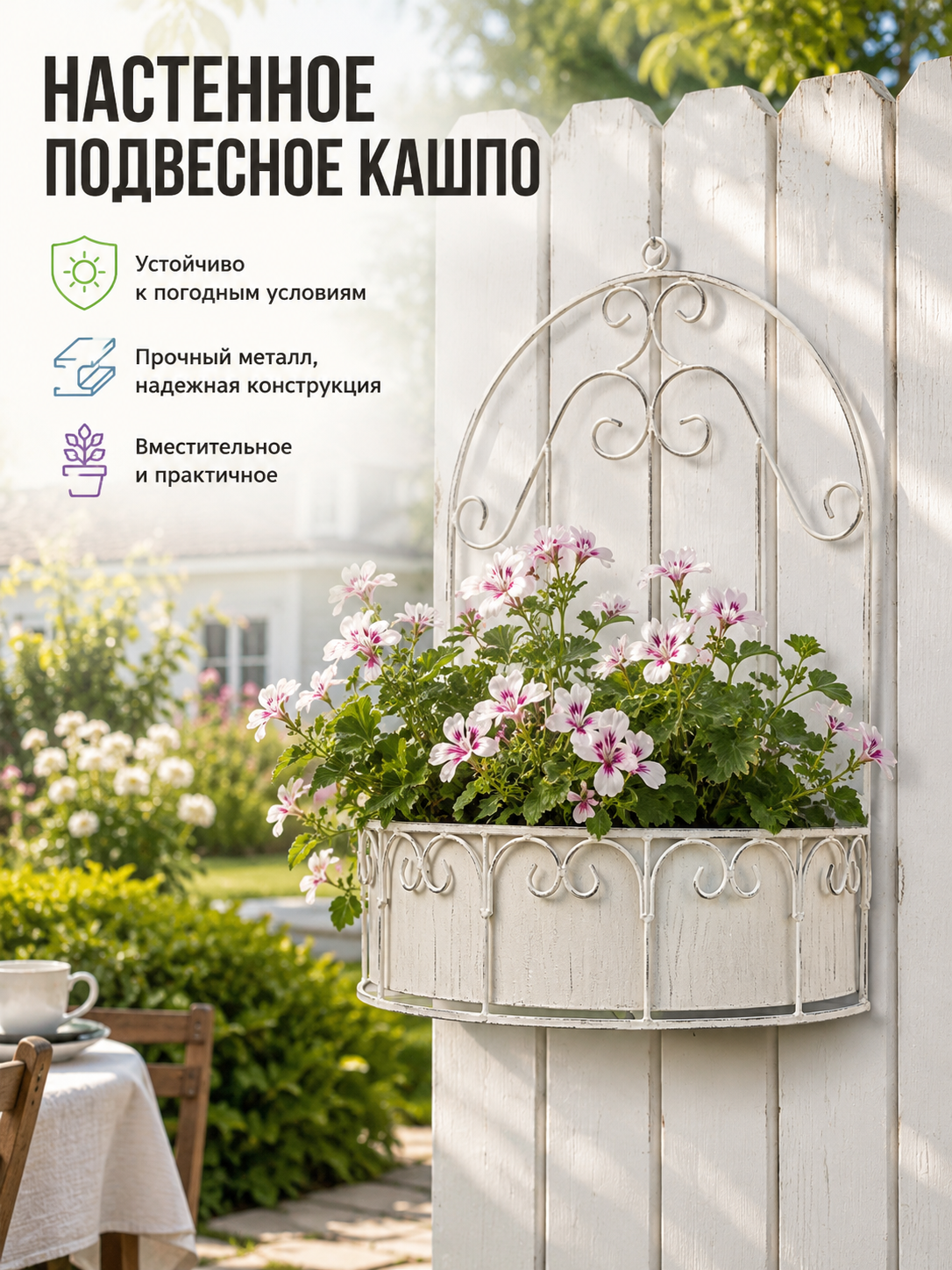 Подвесной цветочный горшок на стену, белый состаренный, 45 см, винтаж, для дома и улицы