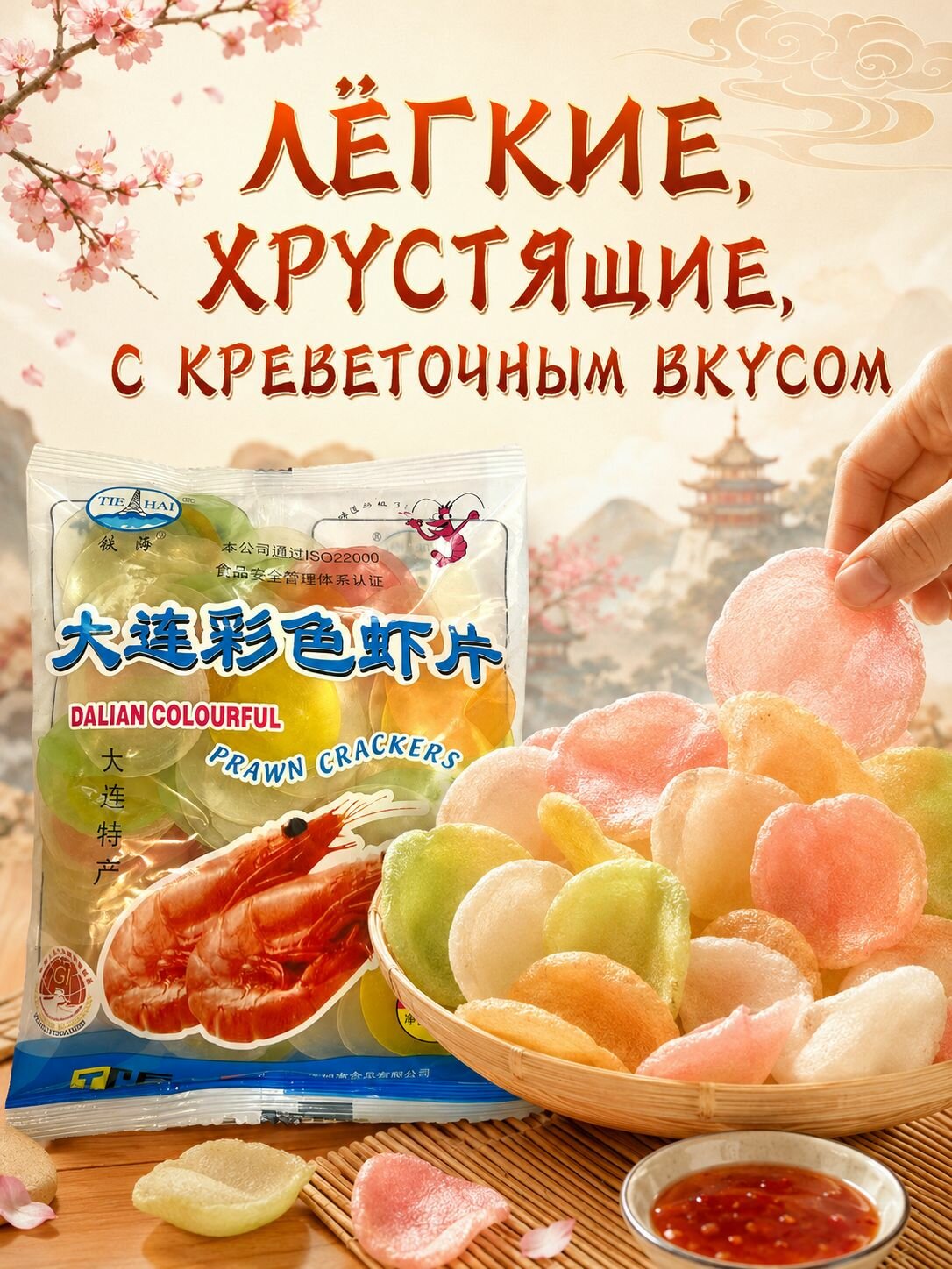 Креветочные чипсы цветные для жарки 160 г, азиатские снеки Prawn Crackers, чипсы во фритюре