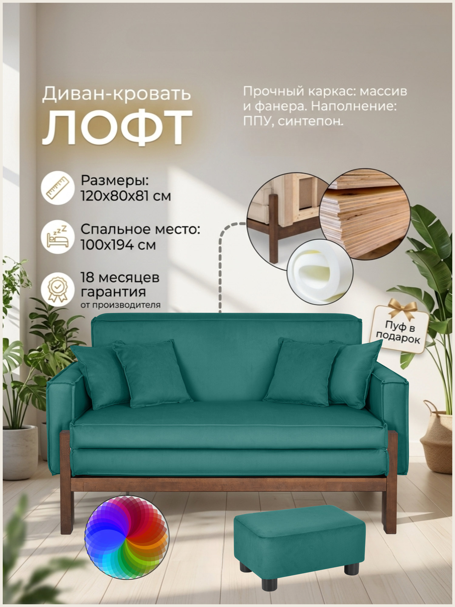 Диван-кровать лофт, прямой, 120х80х81, спальное 100*194, велюр лазурный, Велутто 20