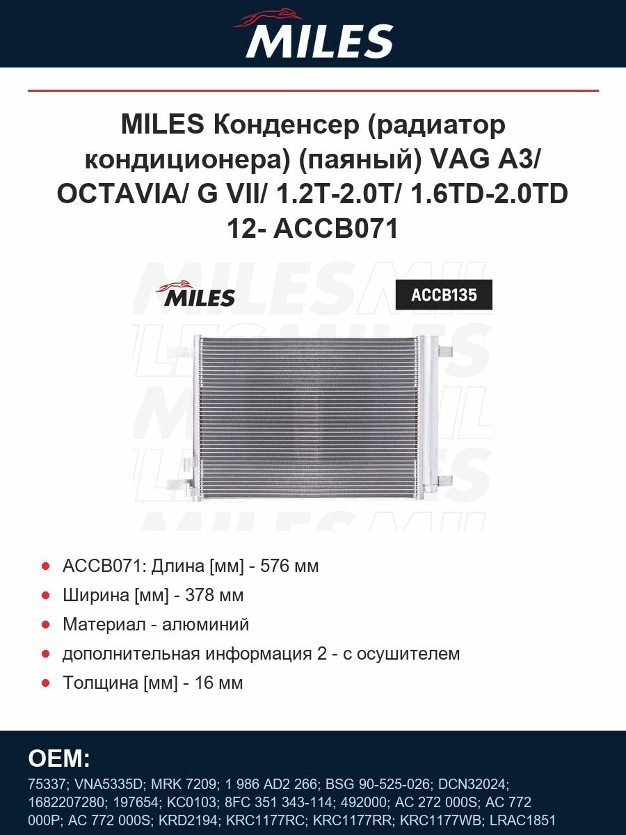 MILES Конденсер (радиатор кондиционера) (паяный) VAG A3/ OCTAVIA/ G VII/ 1.2T-2.0T/ 1.6TD-2.0TD 12- ACCB071