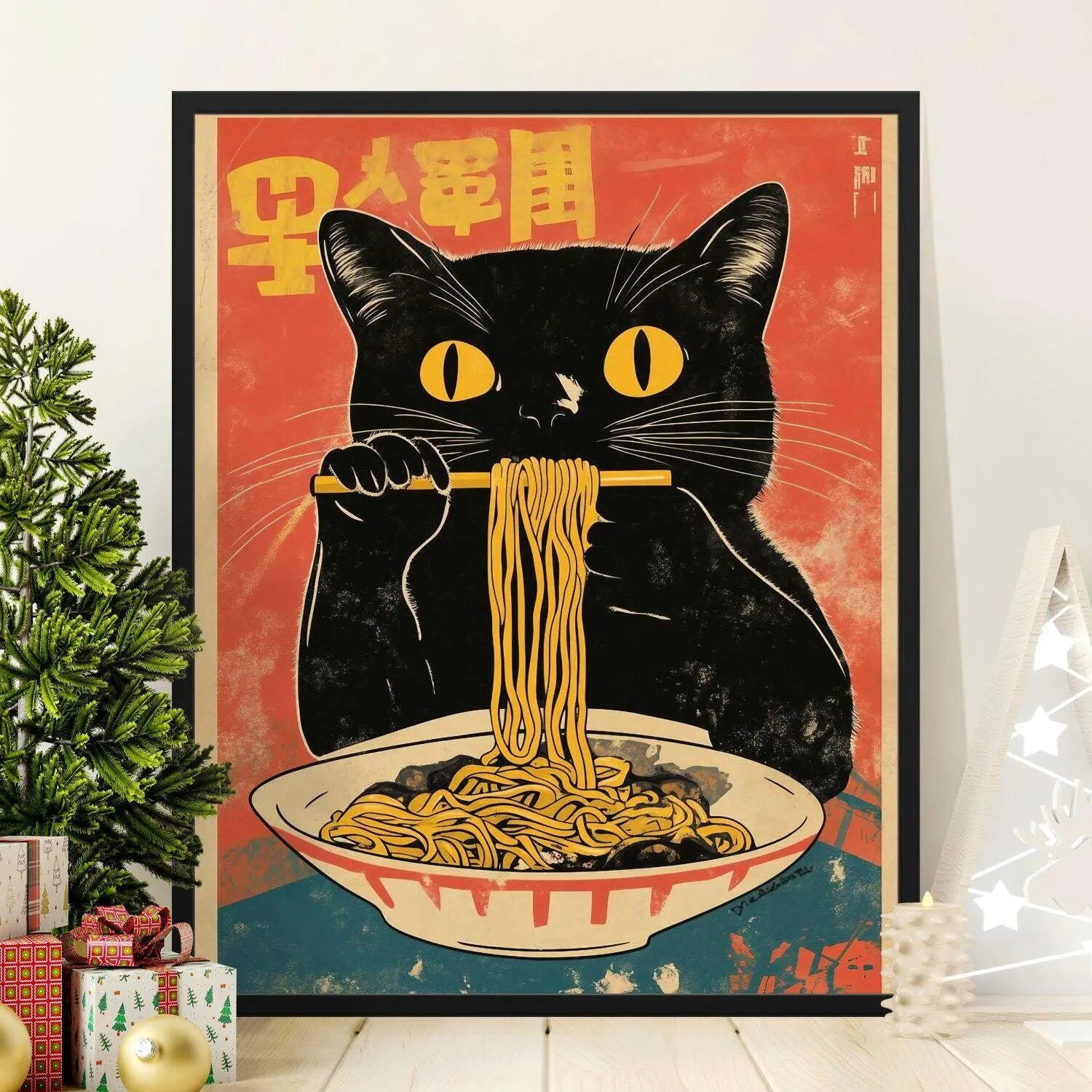 Ретро постер с котом и раменом, 40x60см, цвет C