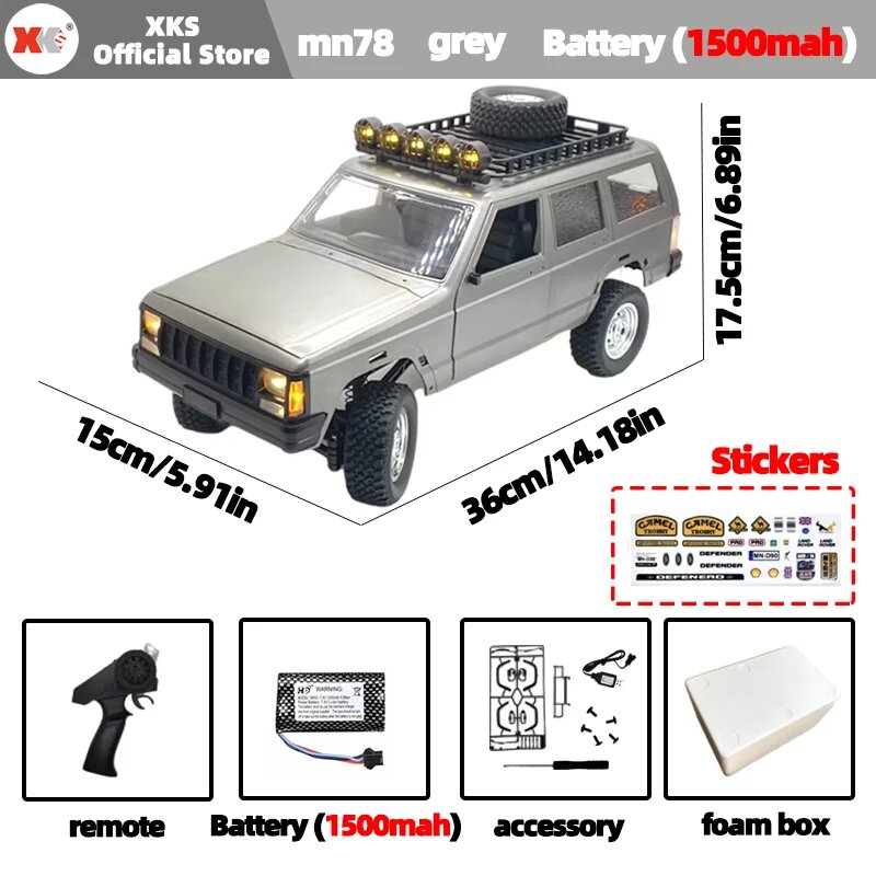 WPL MN78 1/12 Синий RC Автомобиль Cherokee 4WD Серый, MN78G-1500mah-S-FB
