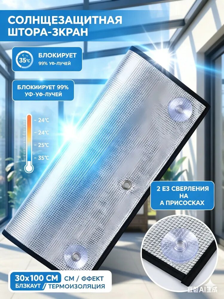 Солнцезащитный экран на окно на присосках, алюминиевый, теплоизоляция, съемный