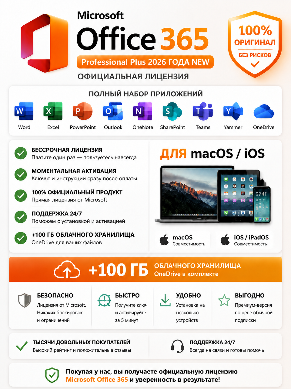 Microsoft Office 365 Pro Plus, бессрочный аккаунт на 5 устройств (Win-Mac-iOS)