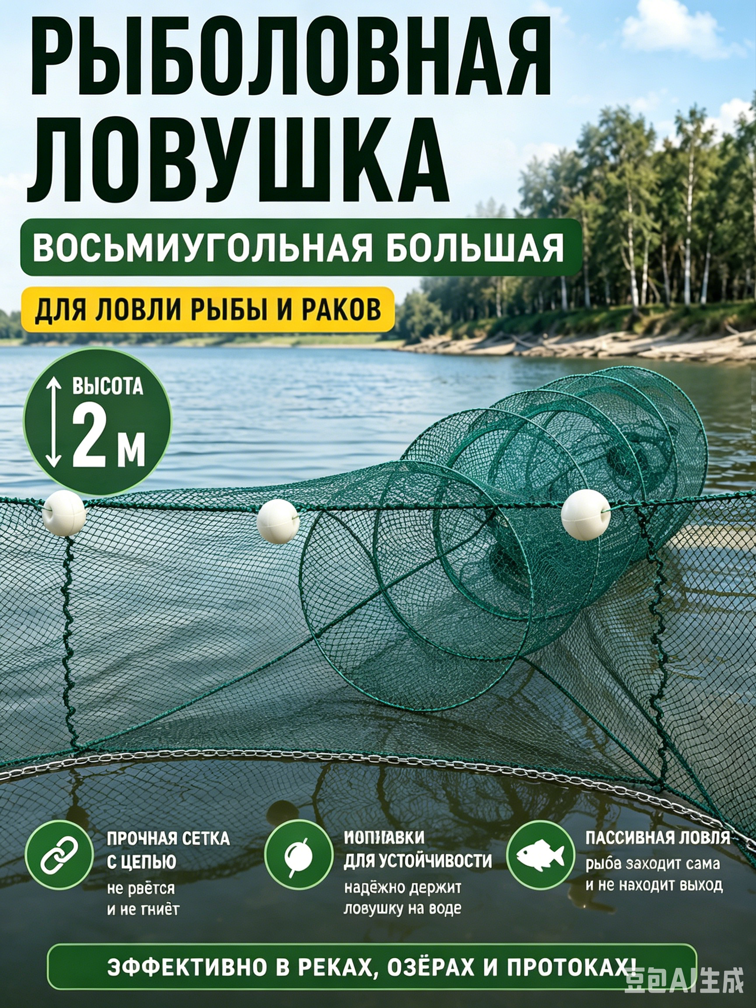 Большая восьмиугольная рыболовная ловушка,7*30*2m, прочная сетка с цепь, для ловли рыбы и раков