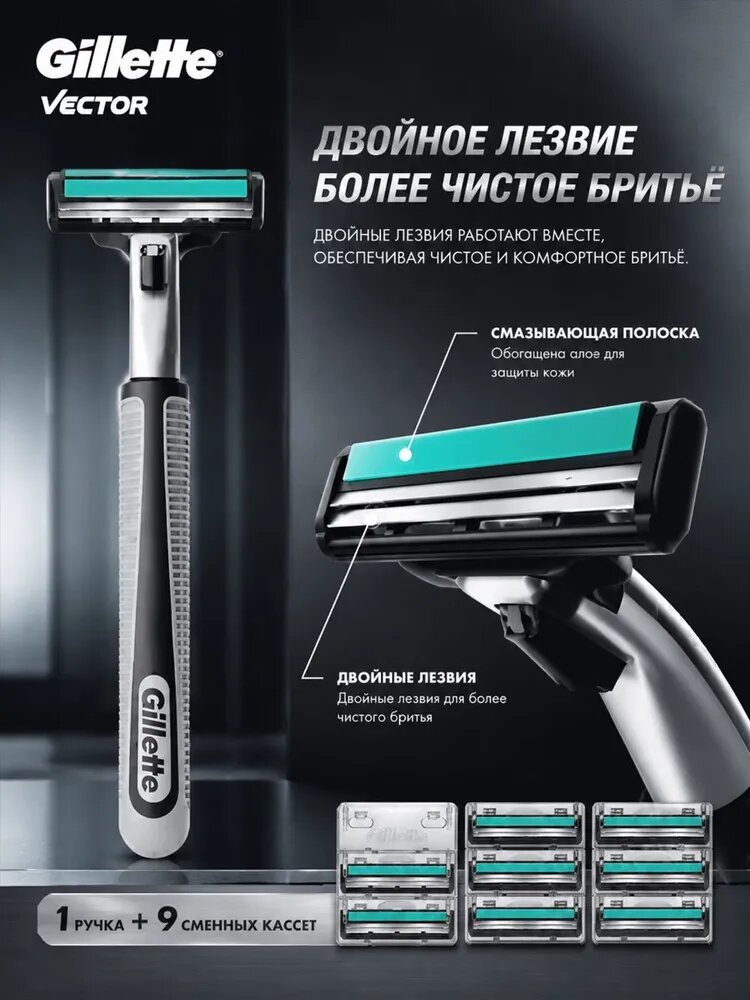 Мужская бритва Gillette Vector, комплект 1 держатель, 12 кассет