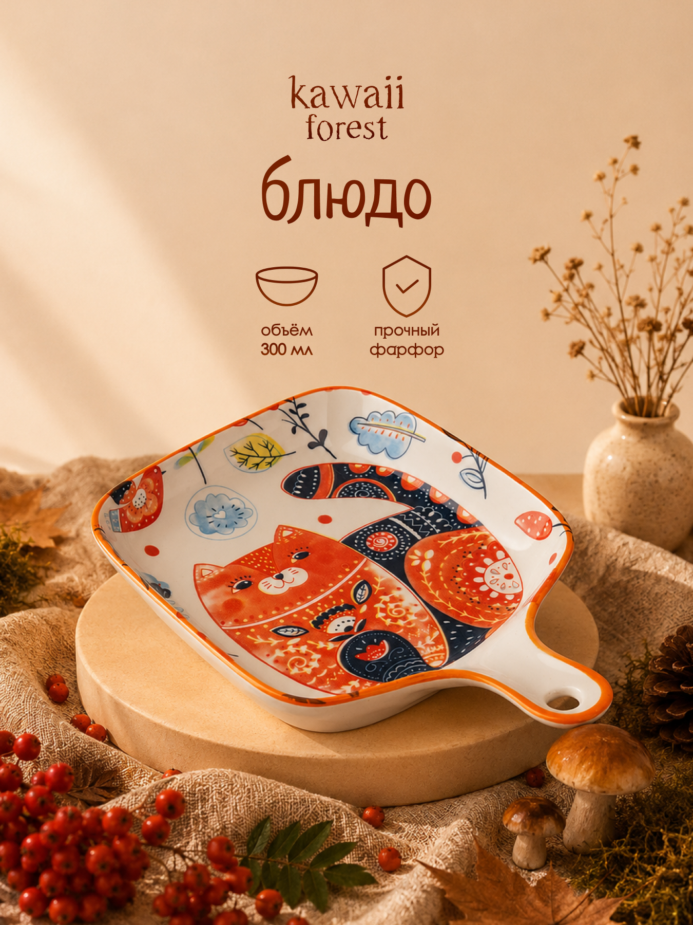 Блюдо фарфоровое прямоугольное с ручкой Kawaii кот, 300 мл, Nouvelle