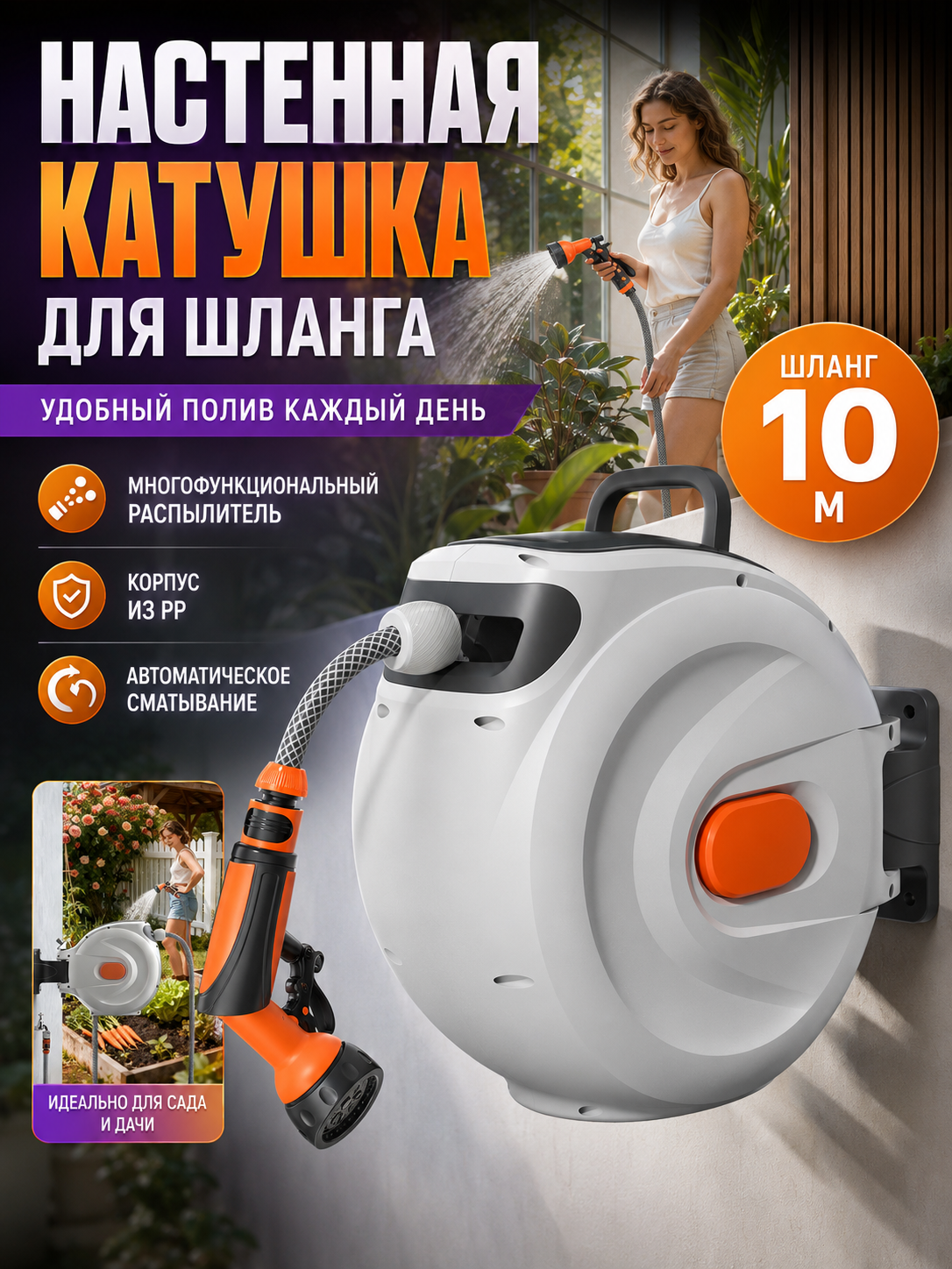 Шланговая катушка настенная съемная с устойчивым основанием, удобна для полива растений дома, на террасе и в приусадебном саду