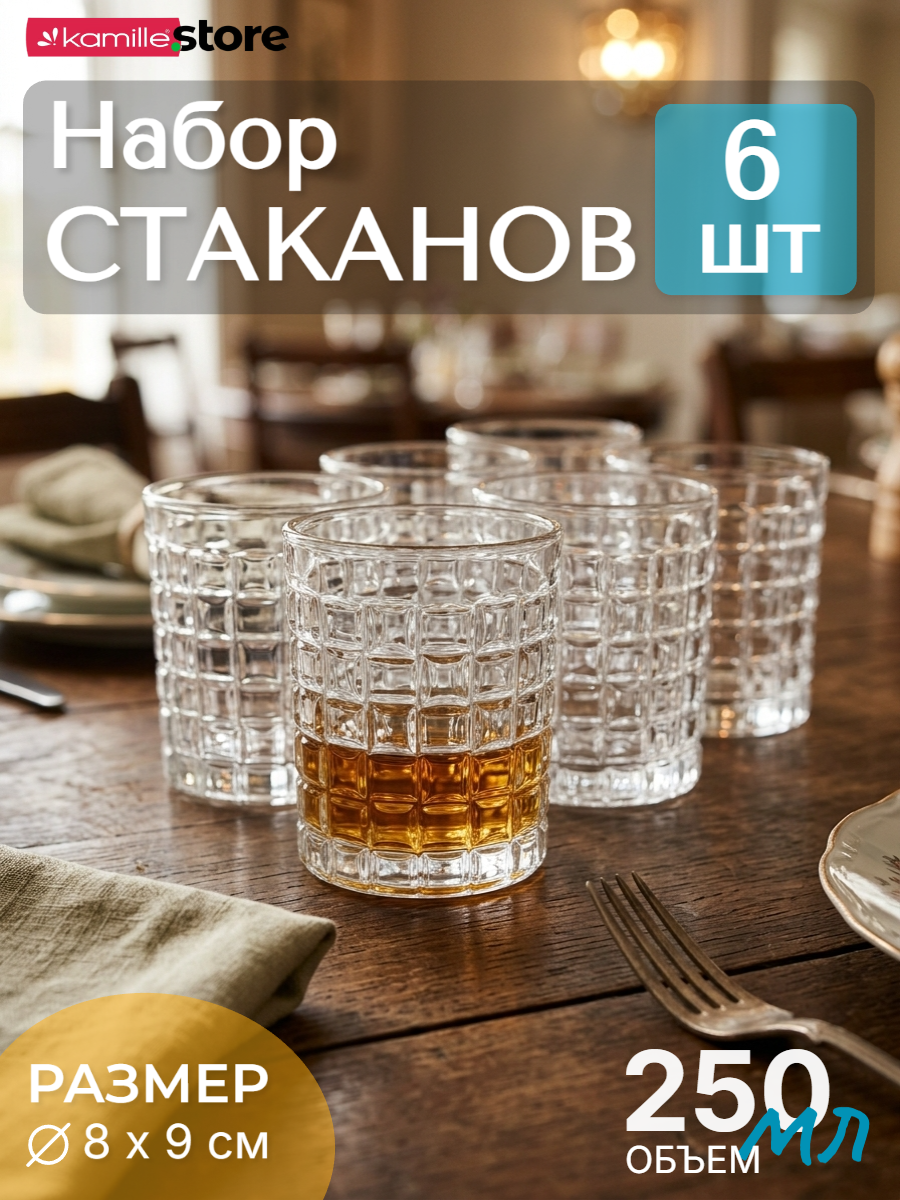 Набор стаканов 250 мл. 6 шт, стекло с рельефным узором, Bossa Nova (прозрачный)