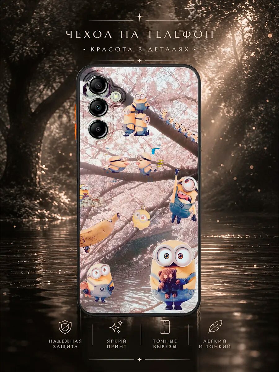 Матовый чехол на Samsung A14 Миньоны на сакуре
