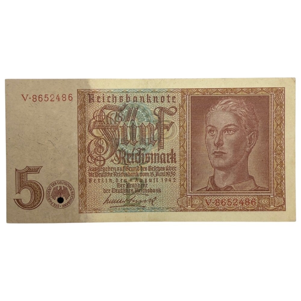 Третий Рейх (Германия) 5 рейхсмарок (марок) 1942 г. (ВЗ - Обычный) (Серия V) (7-значный номер)