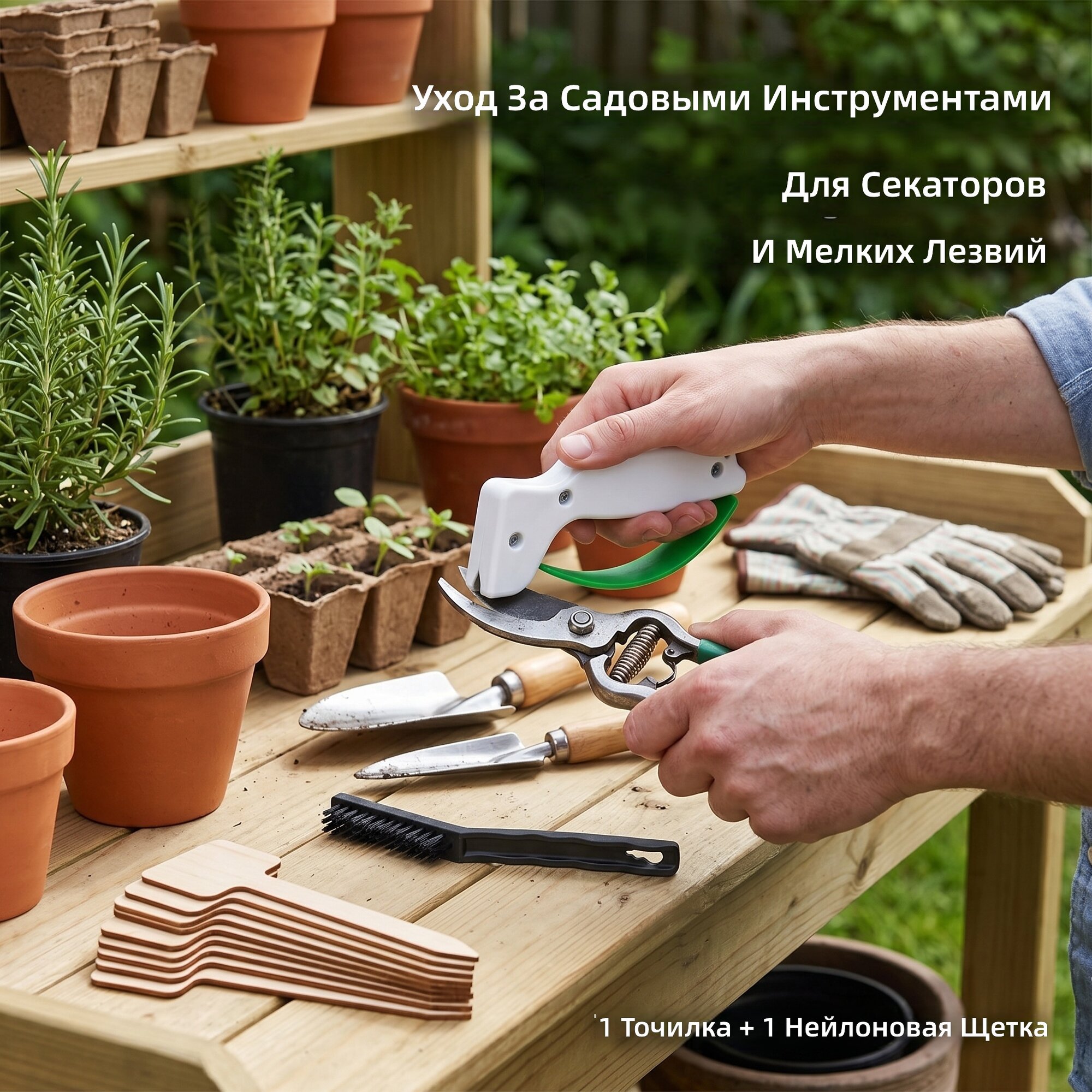 Набор для ручной заточки ножей 2 предмета: портативная точилка с ручкой из ПВХ и черная нейлоновая щетка для чистки