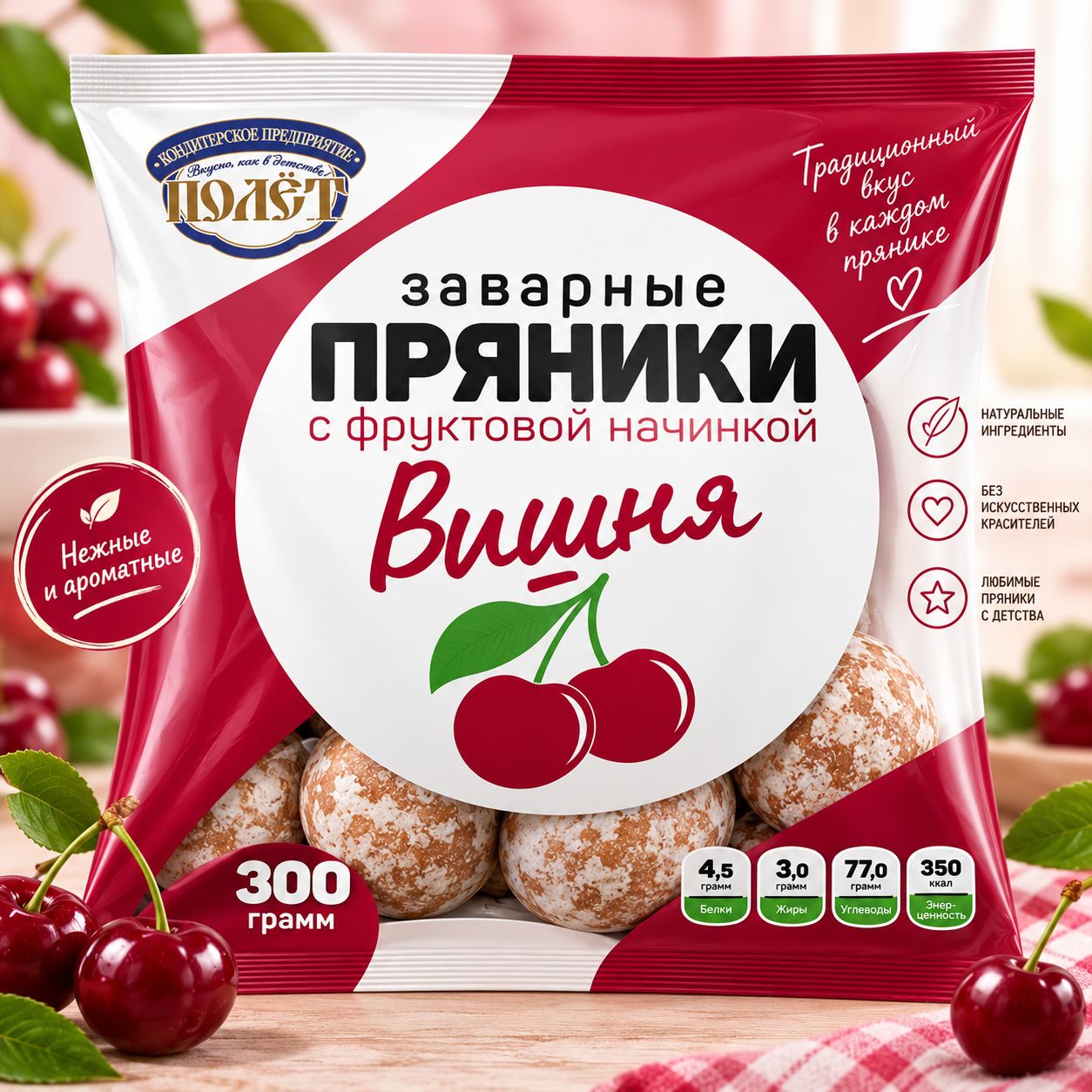 Пряники с вишнёвой начинкой заварные Полет, 300г