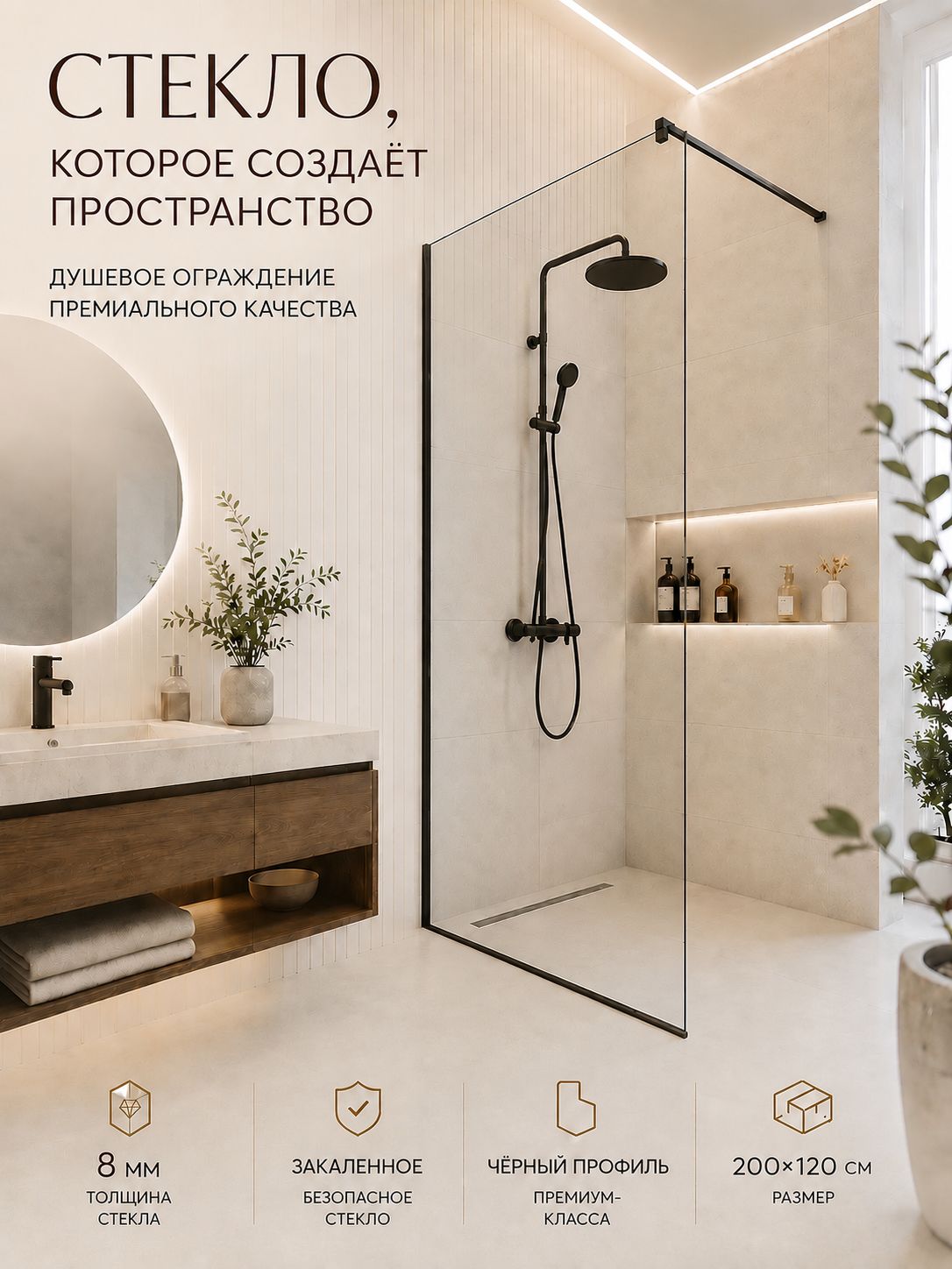 Стеклянное душевое ограждение для ванной комнаты, душевая перегородка. стекло 8 мм 200х120 см с черным профилем