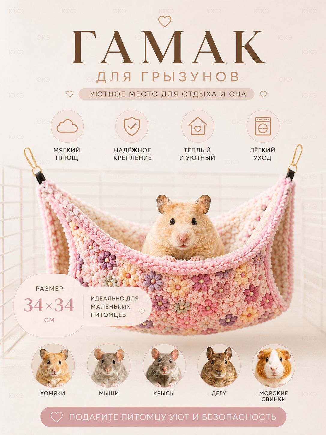 Гамак для крыс и грызунов 34x34 см. Двухъярусный. Для хомяка, белки дегу. Подвесной домик для грызунов, крыс, хомяков, белок, шиншилл, морских свинок