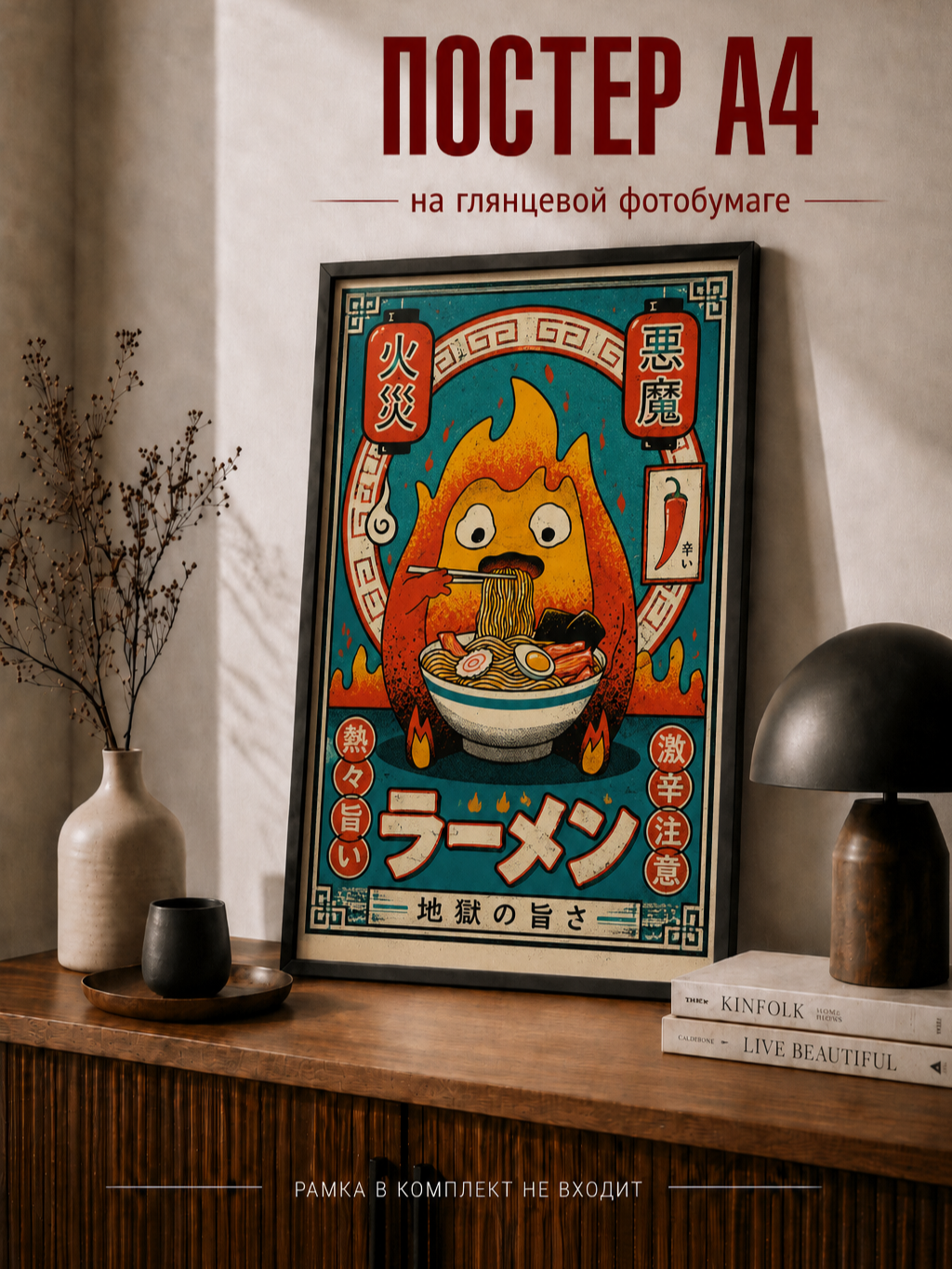 Постер А4 "Острый Рамен", японский плакат с огнём и лапшой, декор для кухни и кафе