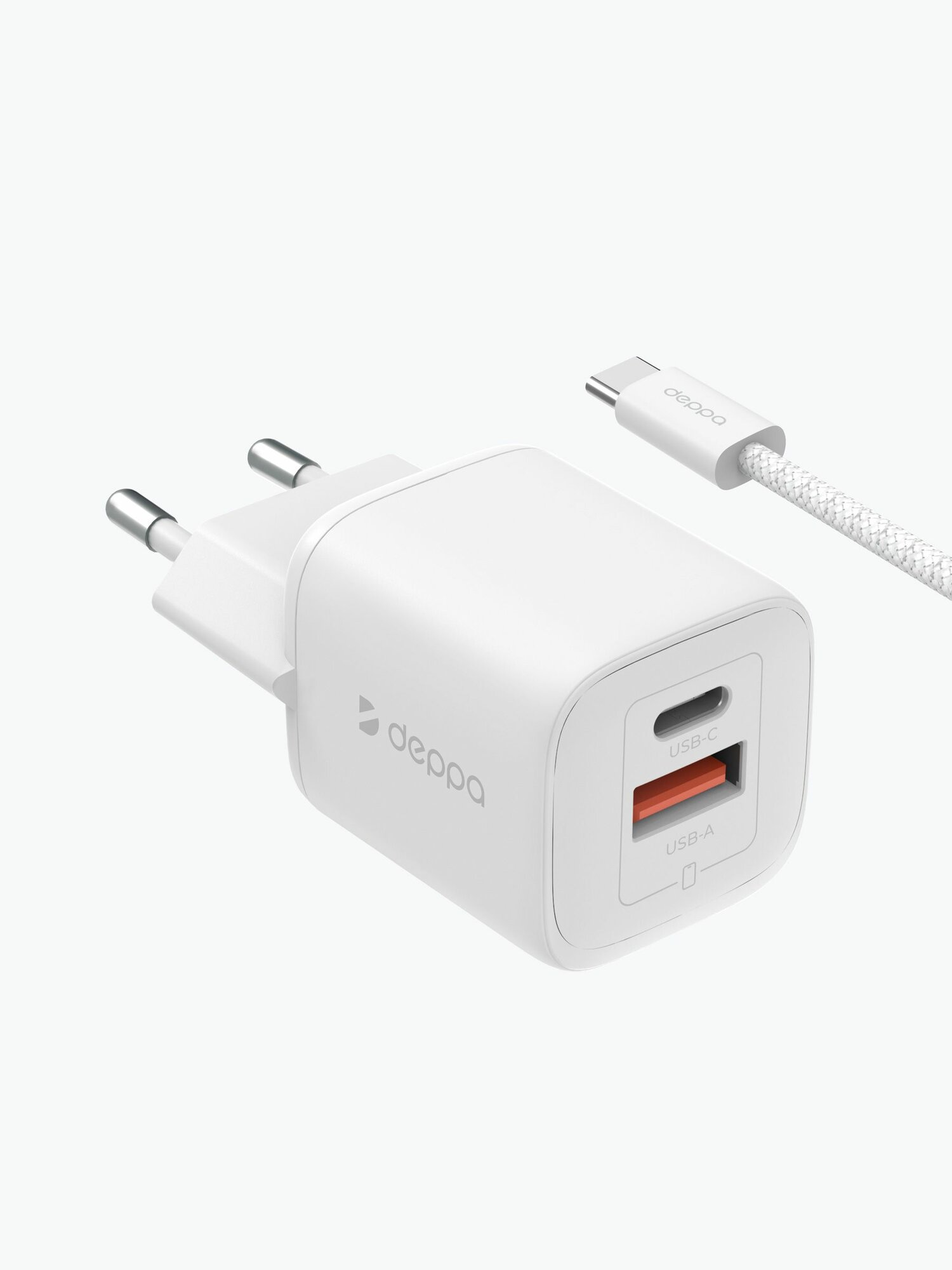 Зарядка сетевая USB-C + USB-A, быстрая зарядка PD 3.0, QC 4.0, 33Вт, GaN, дата-кабель USB-C-USB-C, 1м, адаптер для зарядки белый, Deppa, 11512