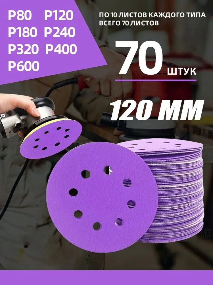 Круг (диск) шлифовальный , размер 125 мм/ 70шт / P80, P120, Р180, P240, P320, P400, P600