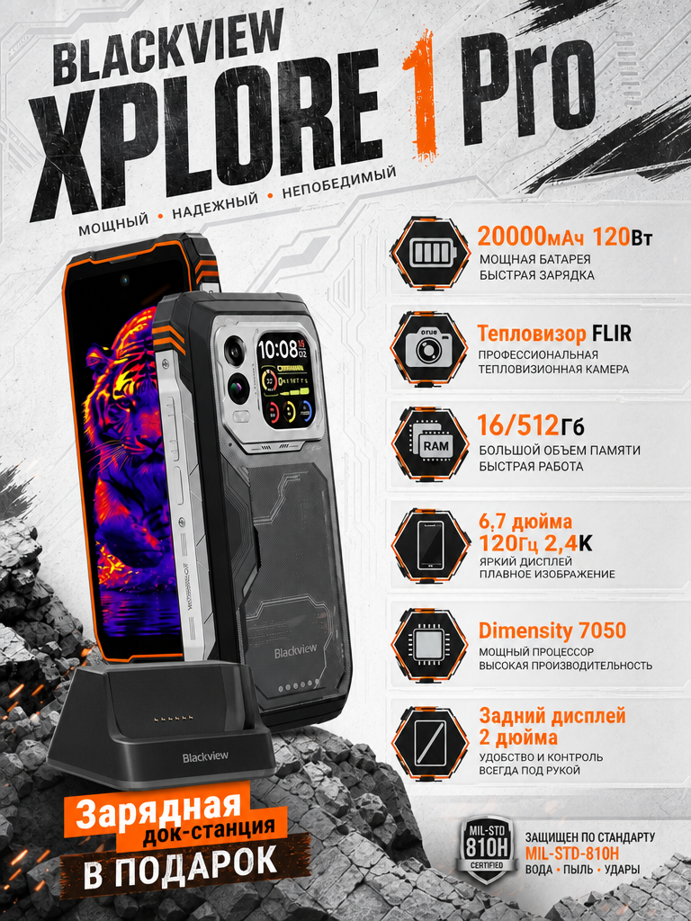 Защищенный смартфон Blackview XPLORE 1 Pro 16/512Гб Orange+Док. Станция, 20000мАч, Тепловизор, Фонарь, Гарантия год