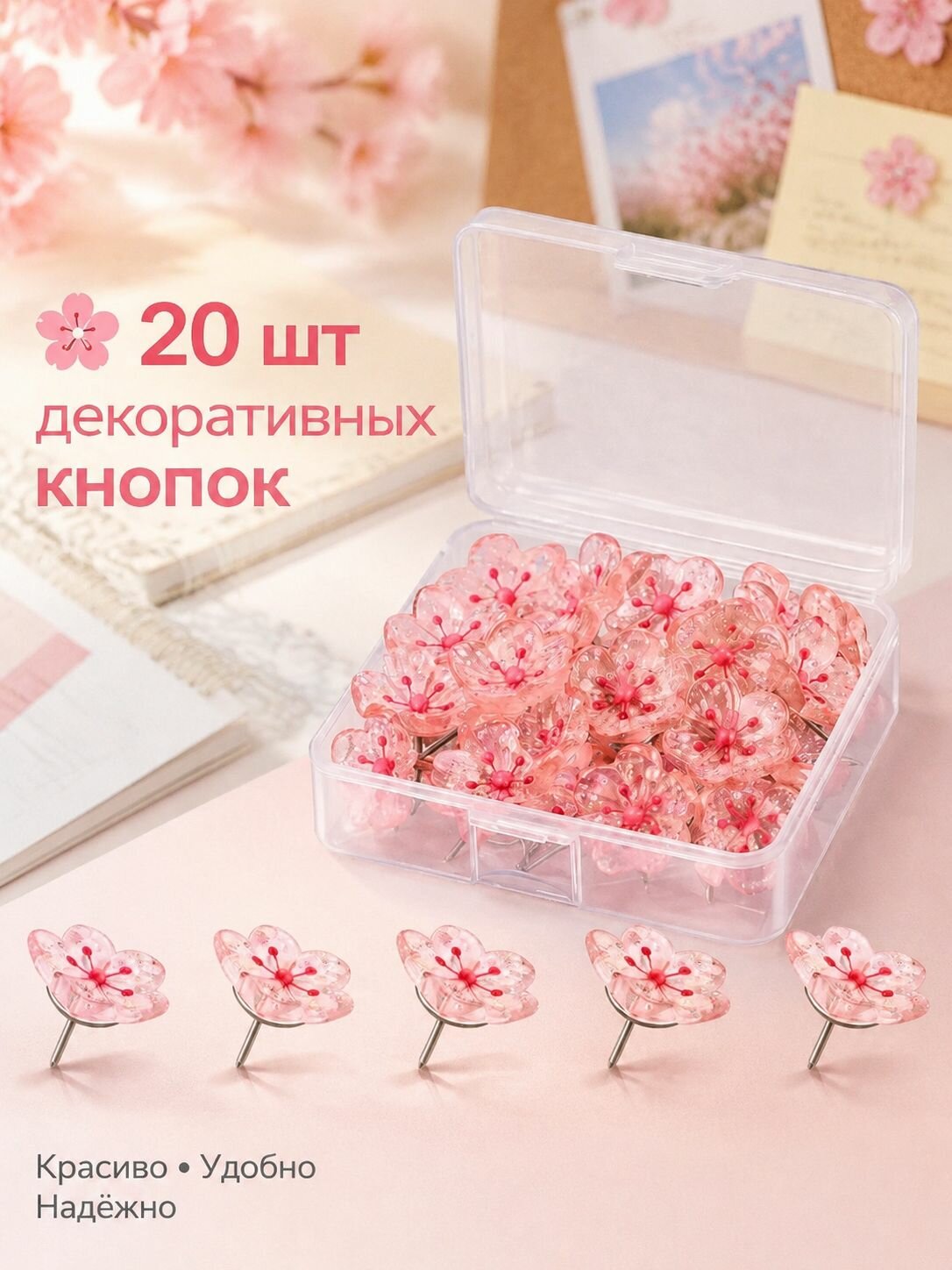 Канцелярские кнопки, 20 шт, декоративные цветы, для доски и заметок, пластиковые, розовые