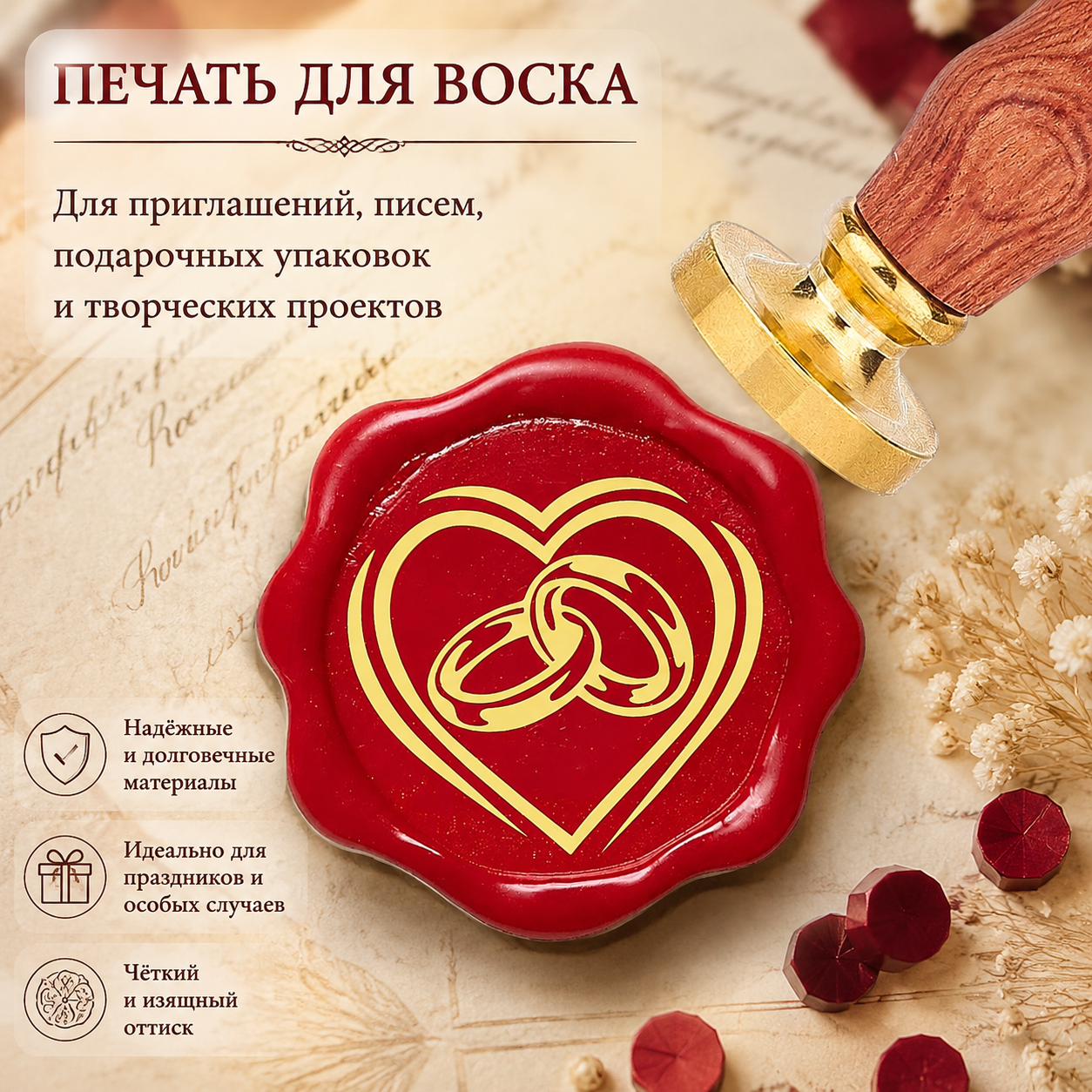 Печать для сургуча Форма сердца, деревянная ручка, латунный штамп для писем, приглашений, открыток и подарков