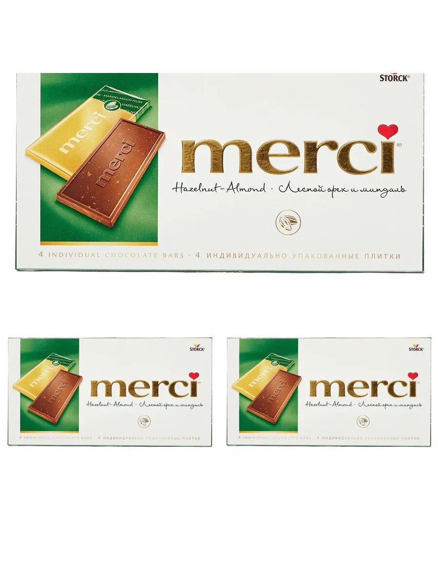 Merci Молочный шоколад с лесным орехом и миндалем, 3 шт по 100 г