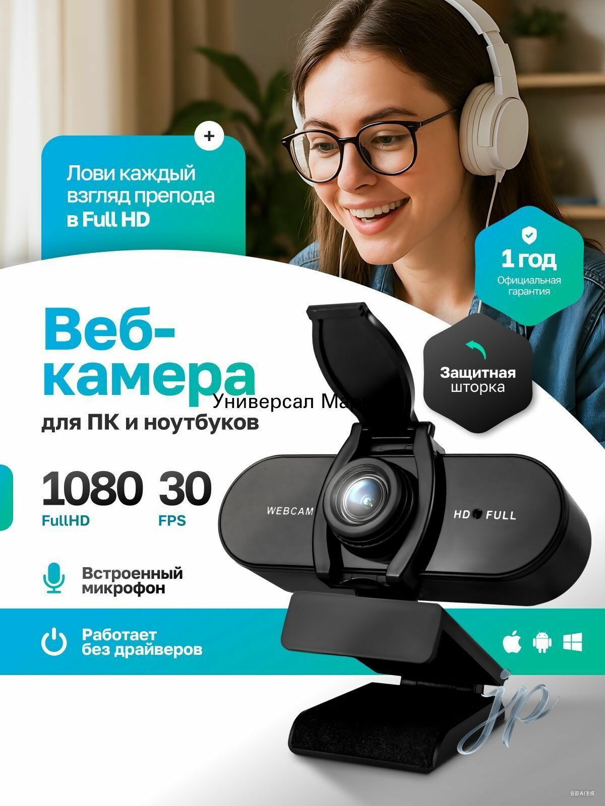 Веб-камера Full HD 1080p с микрофоном и шторкой