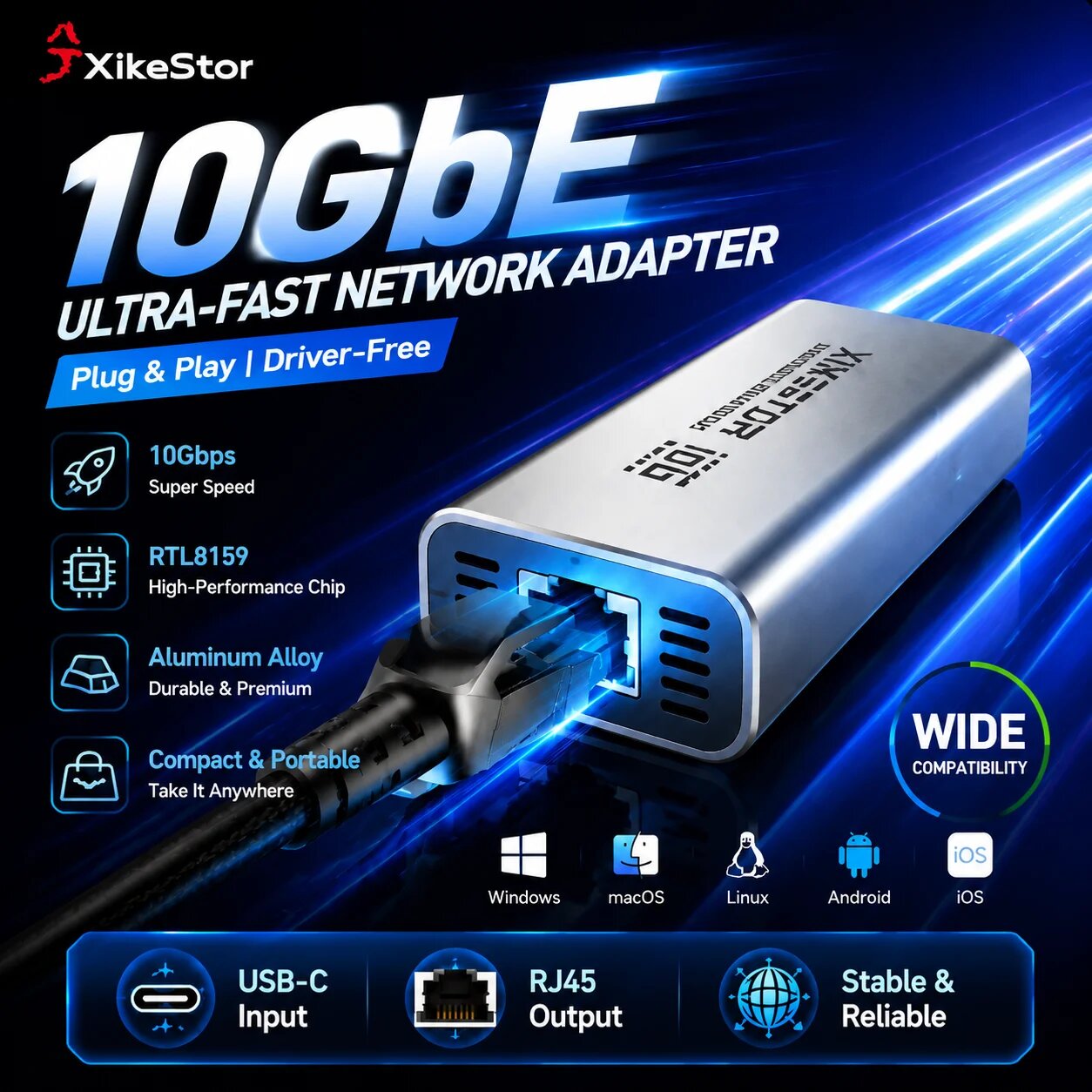 XikeStor Портативная сетевая карта 10GbE