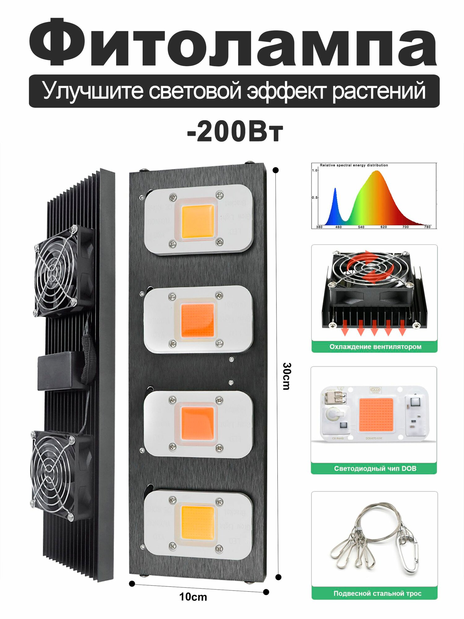 YXO YUXINOU 200Вт Фитолампа, полный спектр, для теплиц и комнатных растений