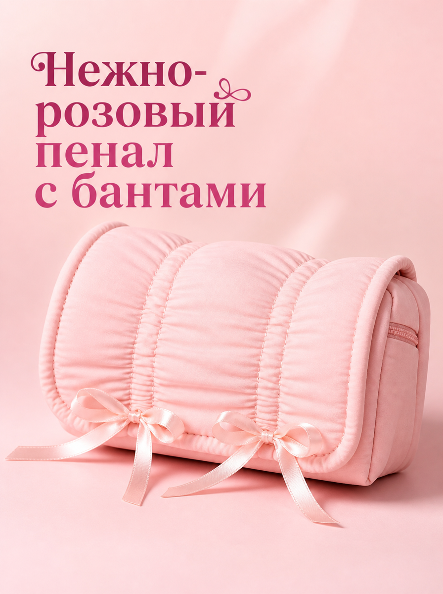 Пенал школьный мягкий тканевый с бантиками, розовый — вместительный органайзер в корейском стиле, 23х15х4 см