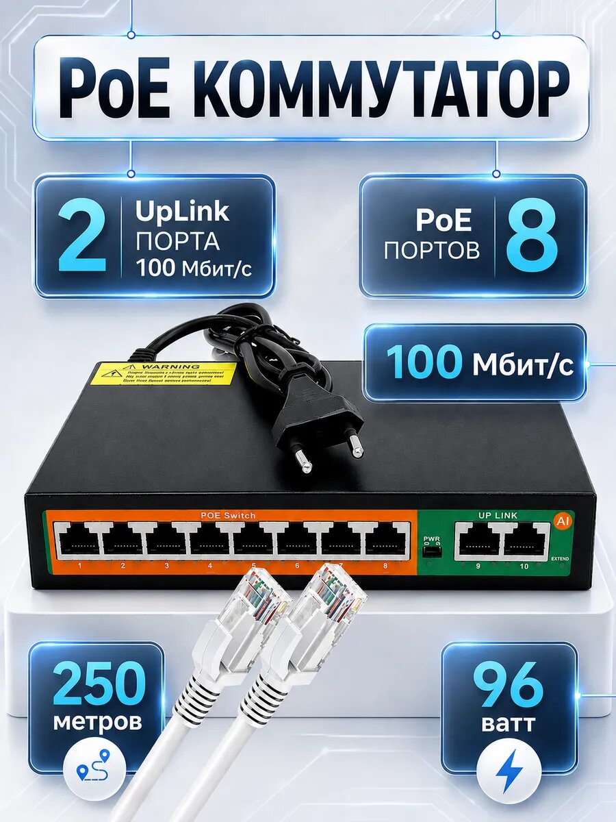 PoE коммутатор Switch 8 порта POE + 2 uplink 100mbit 802.3 af/at 96 ватт