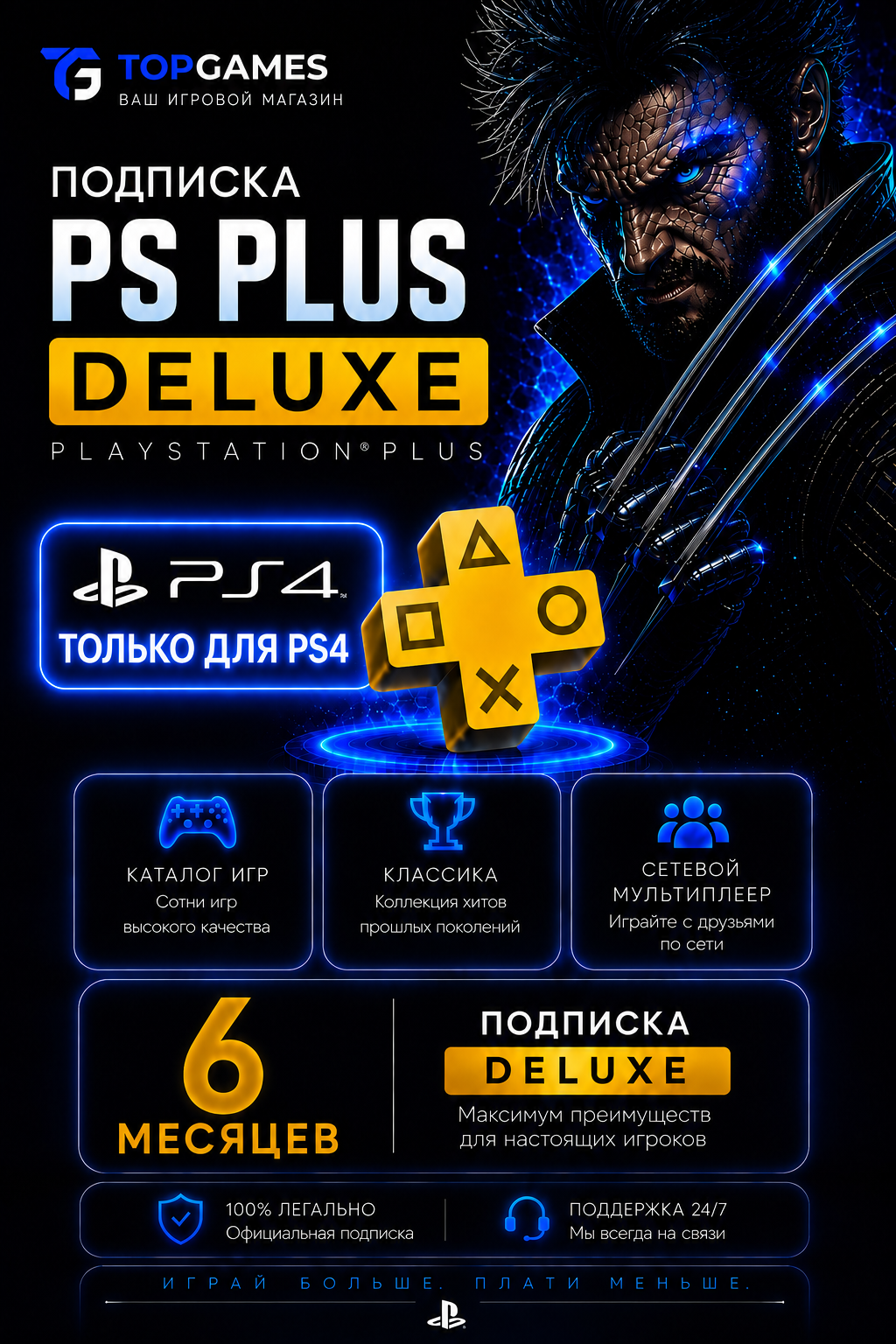 Подписка PS Plus Deluxe 6 месяцев (700+ Игр) без ВПН Россия Только PS4