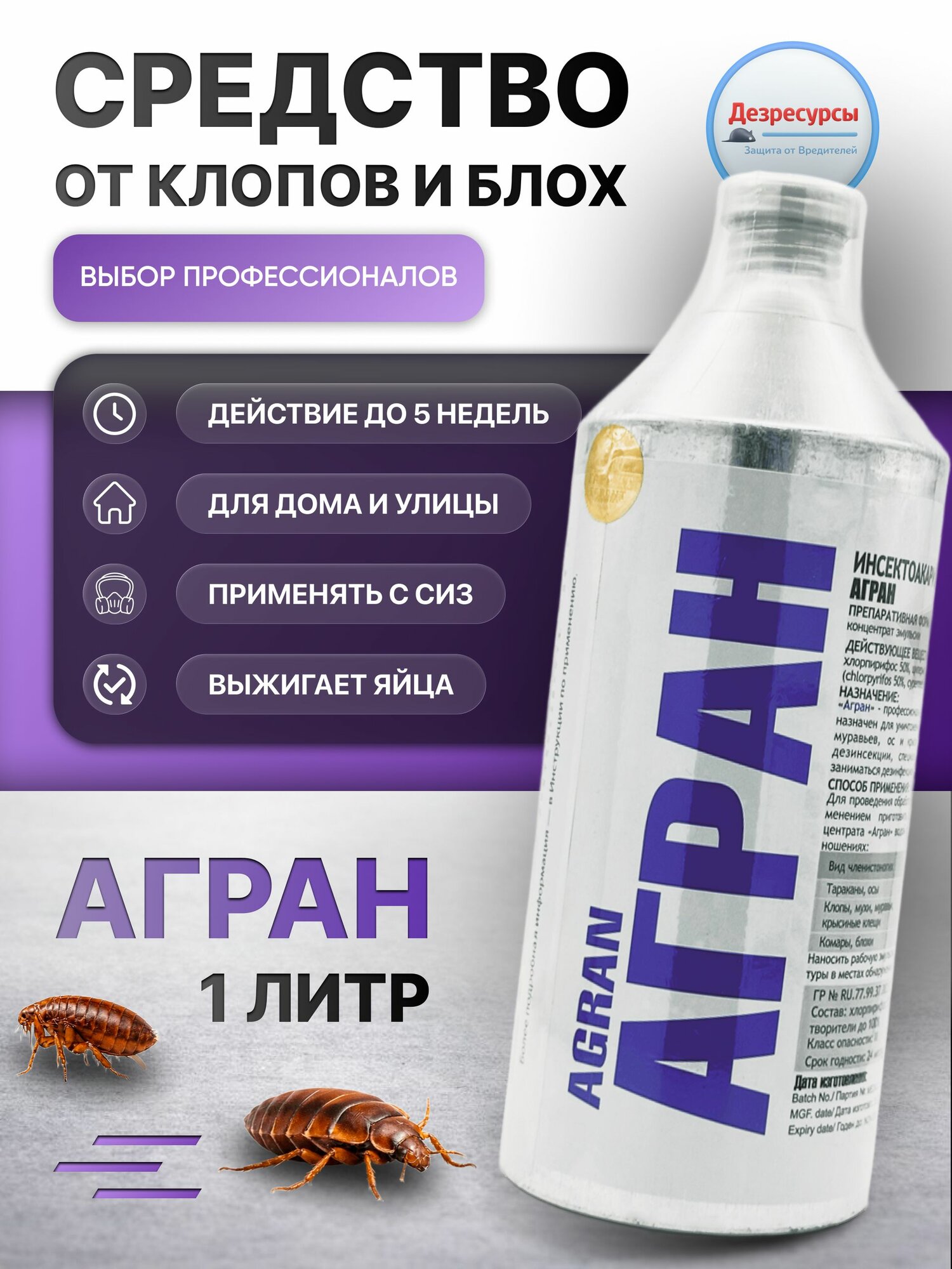 Агран от комаров и клещей, тараканов, клопов, средство от блох в доме, от садовых муравьев, 1л