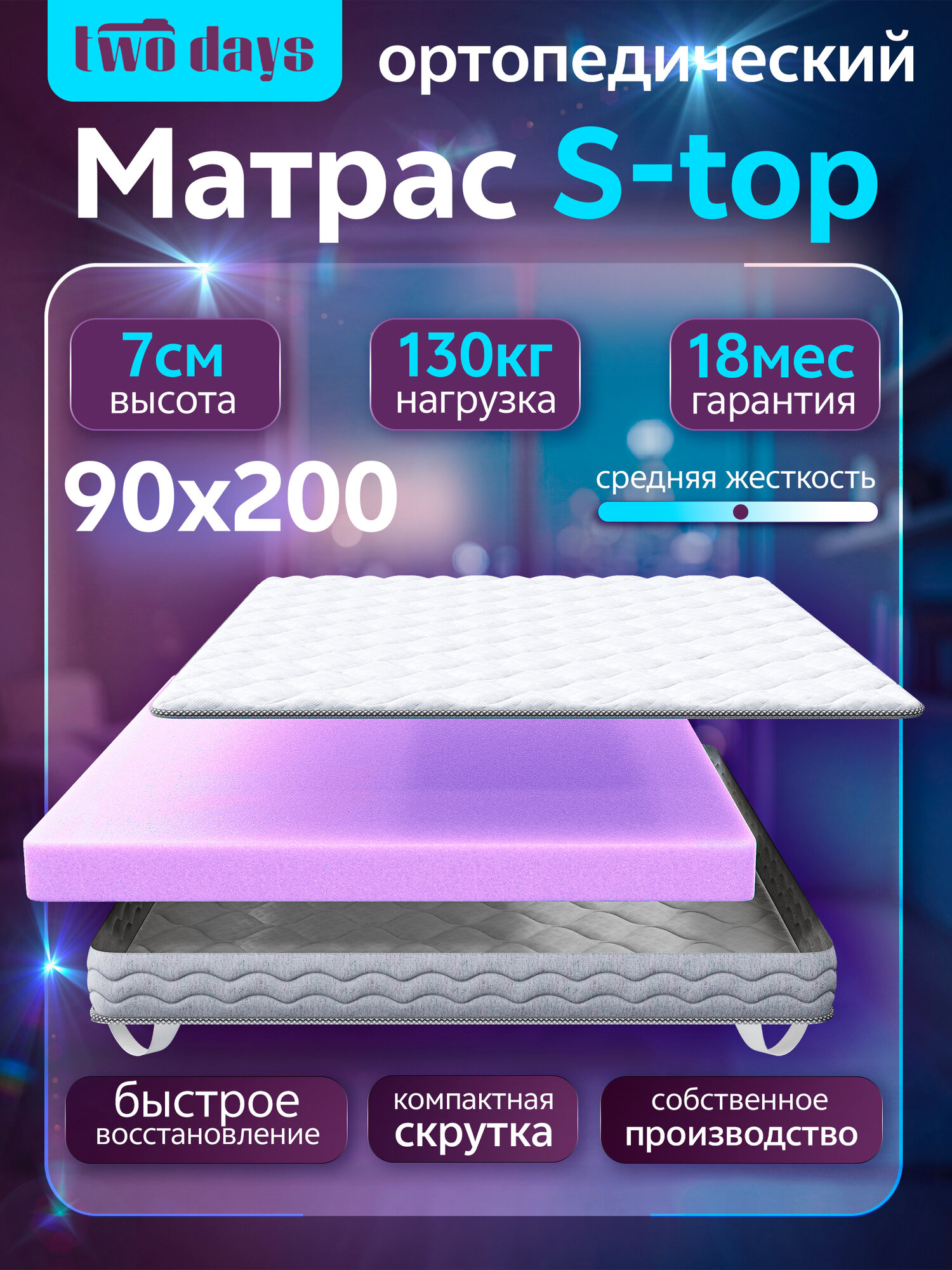 Топпер матрас 90х200 ортопедический на диван двусторонний с резинками S-Top