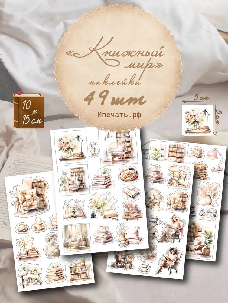 Наклейки для скрапбукинга стикеры Книжный мир, 49 шт, 4