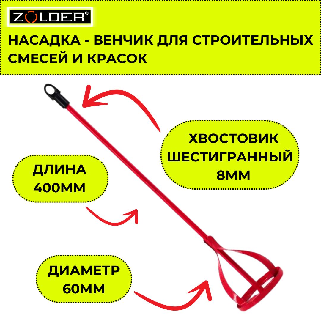 Миксер-насадка для краски и строительных смесей Zolder металлическая окрашенная 60х400мм