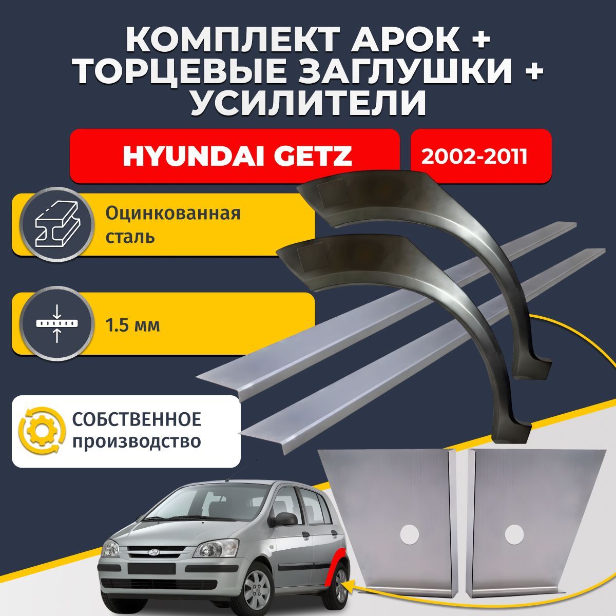 Комплект ремонтных задних арок (0,8 мм) + торцевые заглушки (1,5 мм) + усилители (1,5 мм) на Hyundai Getz 1 2002-2011 хэтчбек 5 дверей (Хендай Гетц 1). Оцинкованная сталь