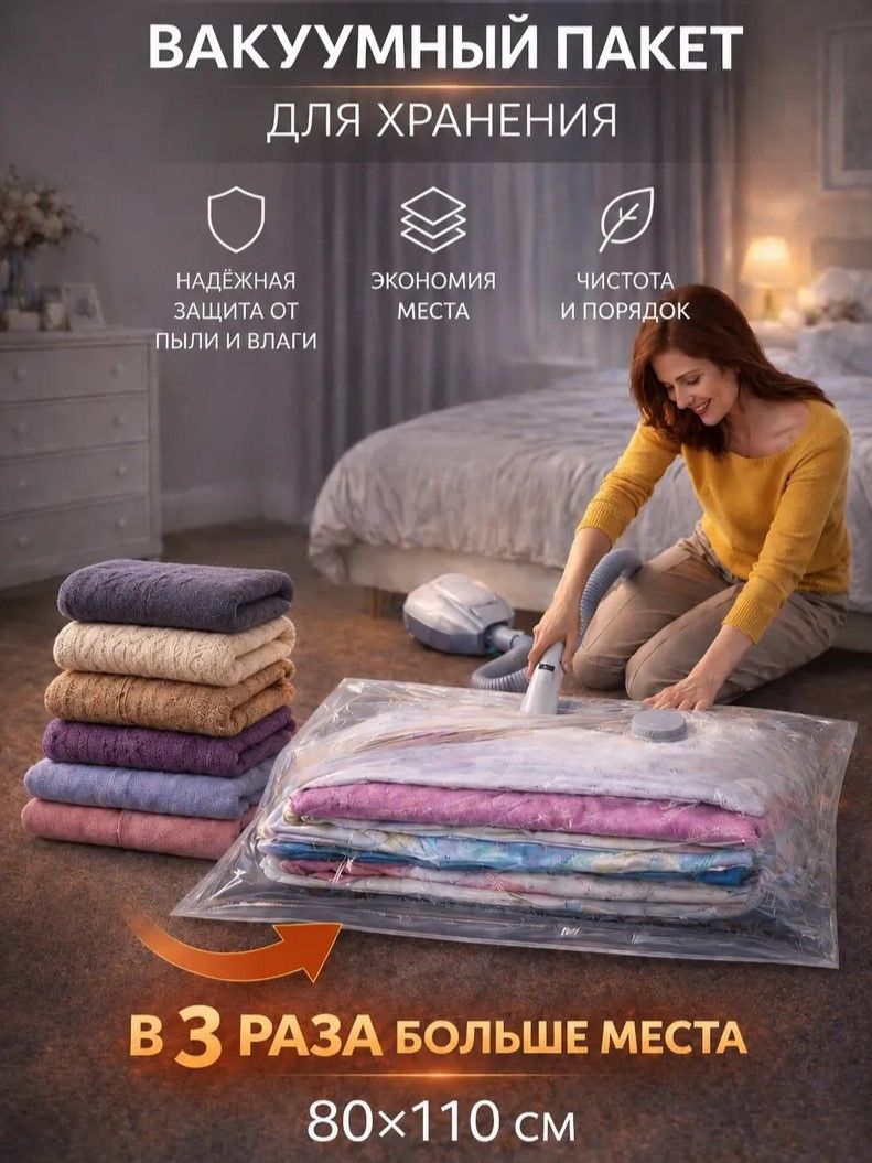 Вакуумный пакет для хранения вещей For Clothing, 80 110 см, прозрачный.