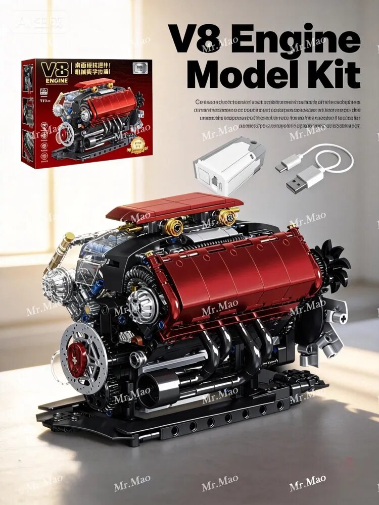 Конструктор V8 Engine Model Kit (773 детали) Механический двигатель для сборки, , рабочие поршни, динамическая модель(динамическая вер)