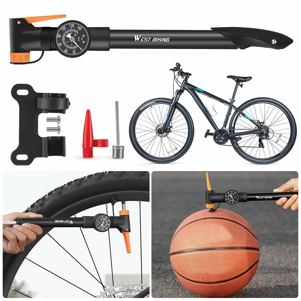 Велонасос WEST BIKING с манометром, алюминиевый, для амер. и франц. клапанов