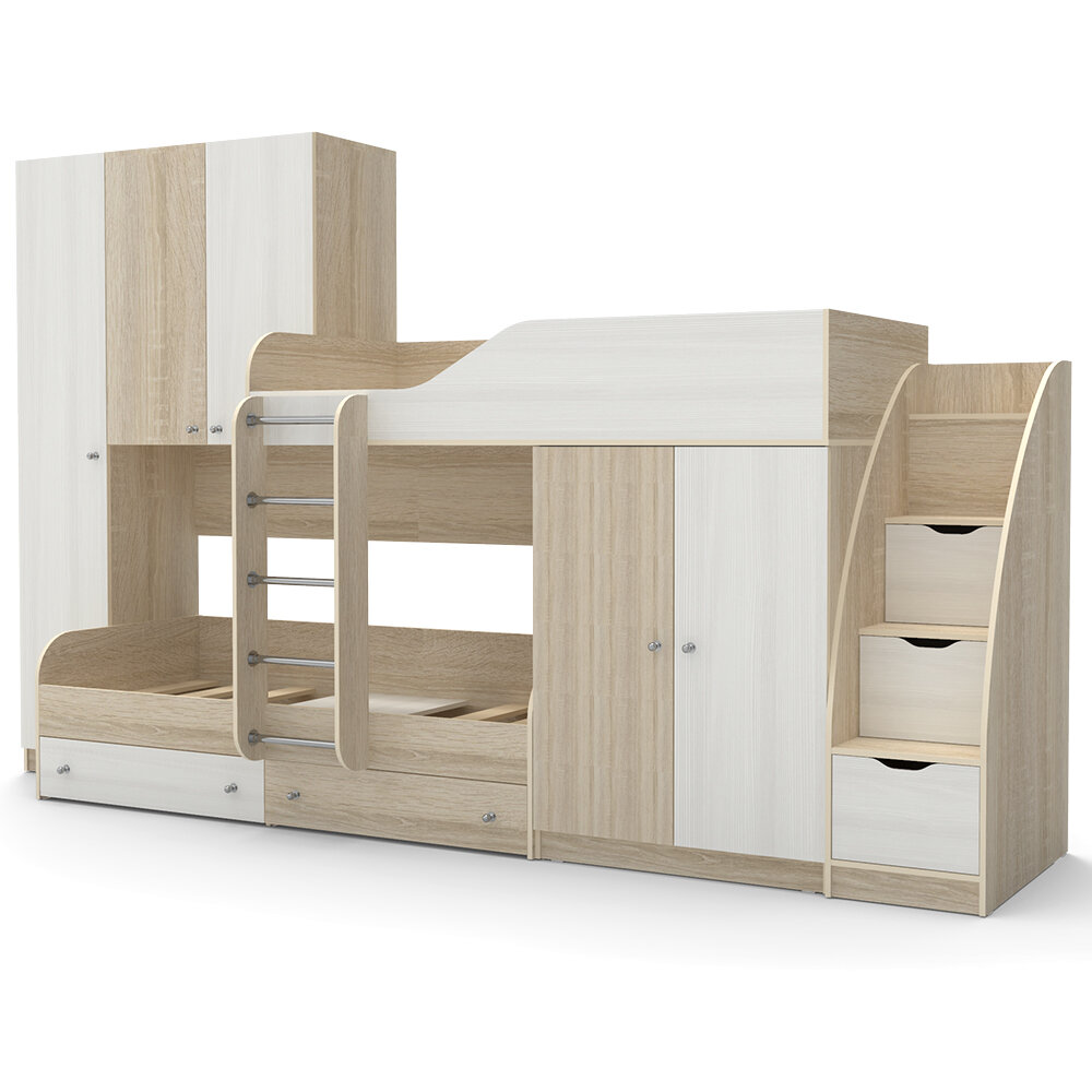 Двухъярусная кровать Лео с лестницей комодом Дуб Сонома Белое Дерево