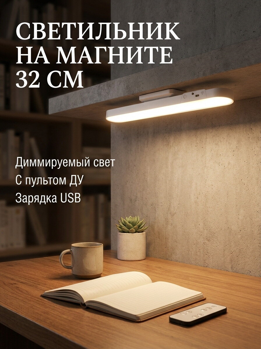 Светильник светодиодный на магните, диммируемый, 32см, USB, с ДУ, 1шт