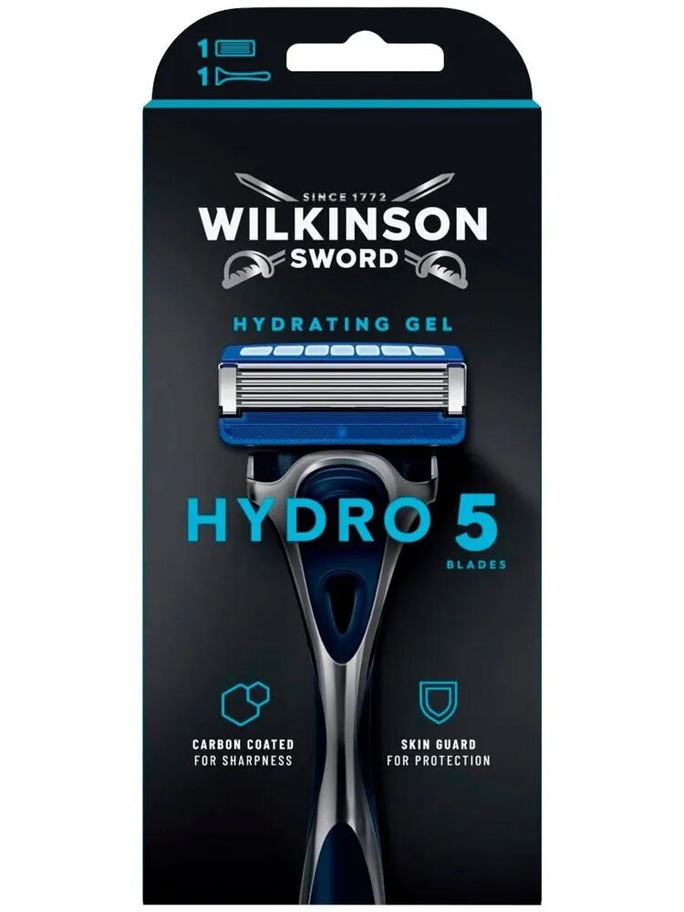Wilkinson Sword Бритва Schick HYDRO 5 (1 станок, 4 кассеты), 5 лезвий, механизм флип-триммер, плав. головка, гелевая увл. полоска, металлич. прорезиненная ручка