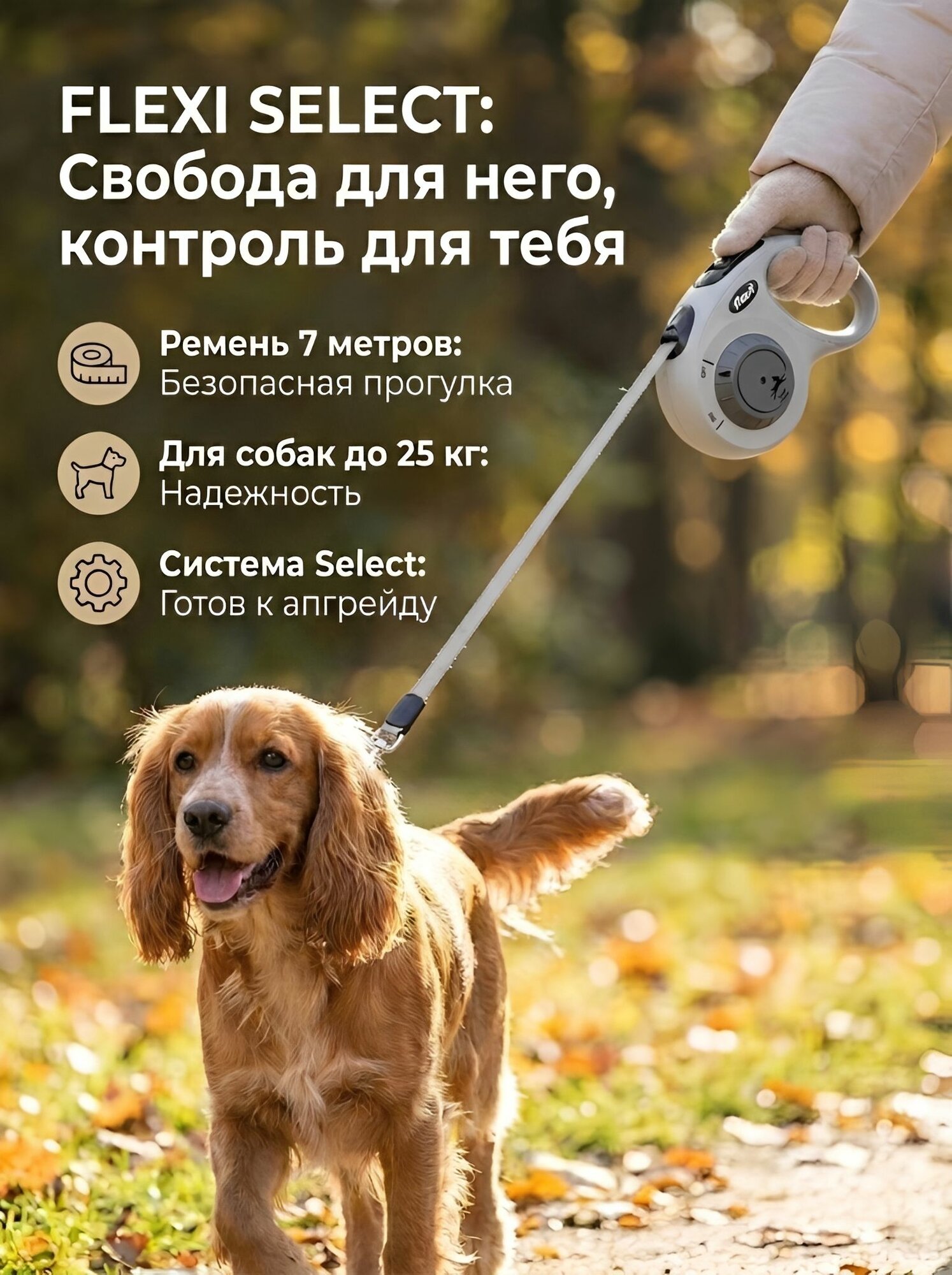 Рулетка-поводок Flexi SELECT, для собак до 25кг, 7м, лента особо прочная, цвет светло-серый