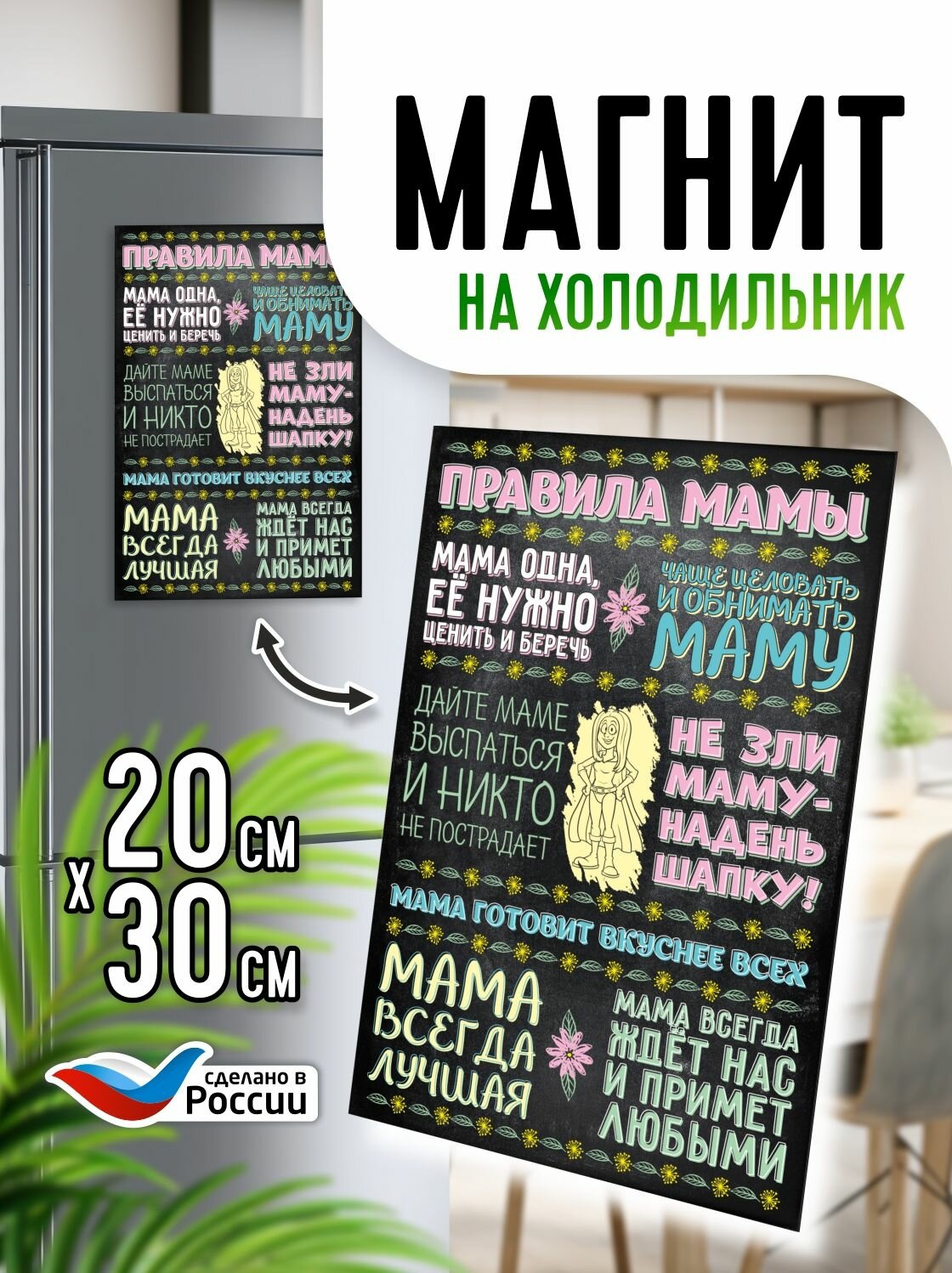 Постер. подарок. Магнит на холодильник Печатник "Правила мамы " на темном фоне 20х30 см, 1шт
