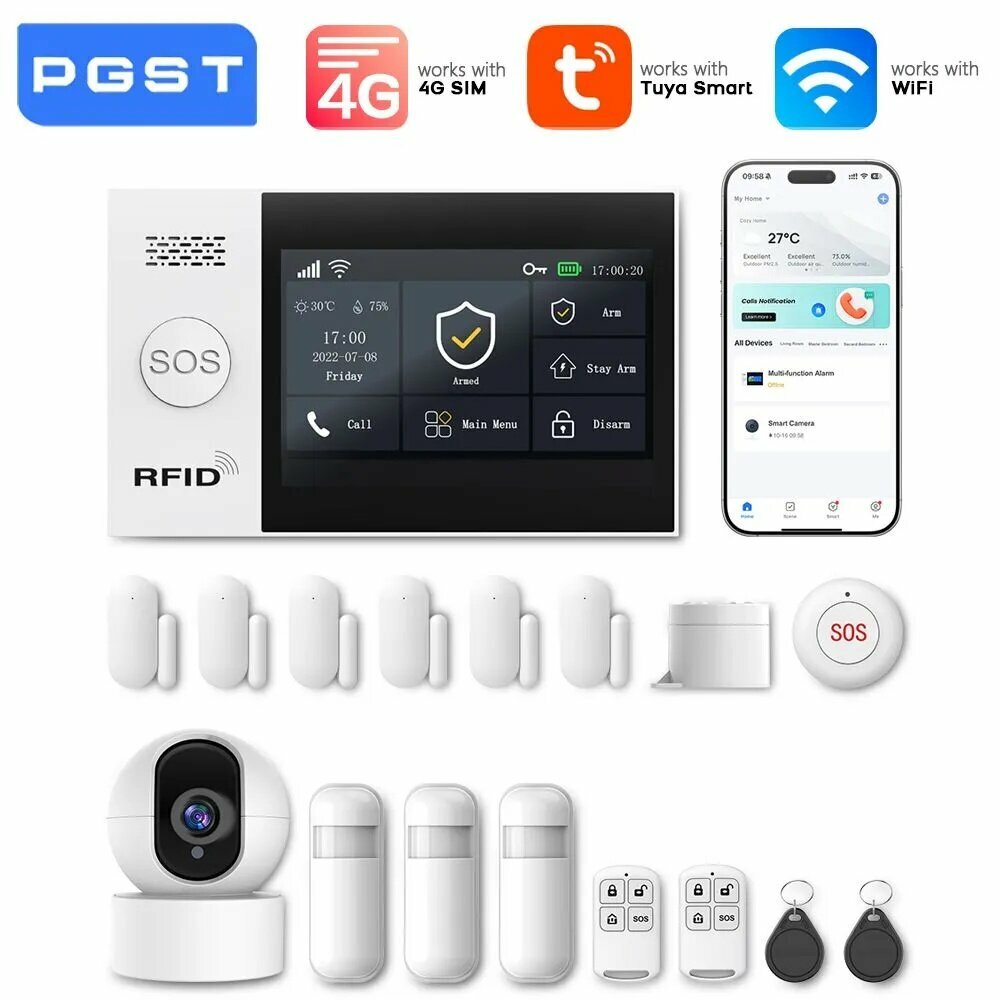 PGST Tuya WiFi 4G GSM сигнализация для дома и квартиры беспроводной комплект с камерой 1080P и датчиками движения, Alexa/Google