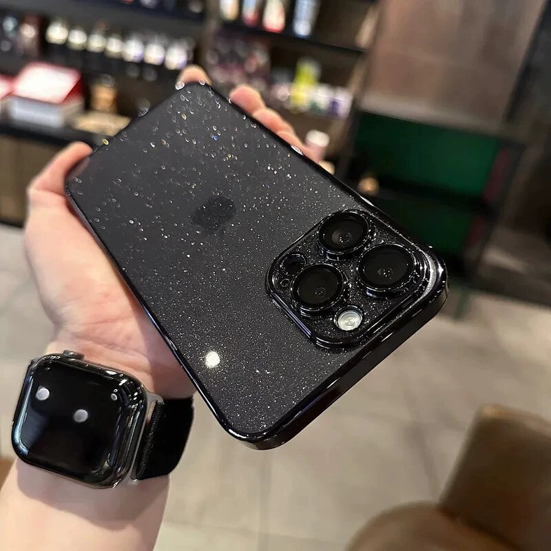 Чехол-накладка для iPhone 15 Pro Max с звездным блеском и встроенным защитным стеклом - Черный